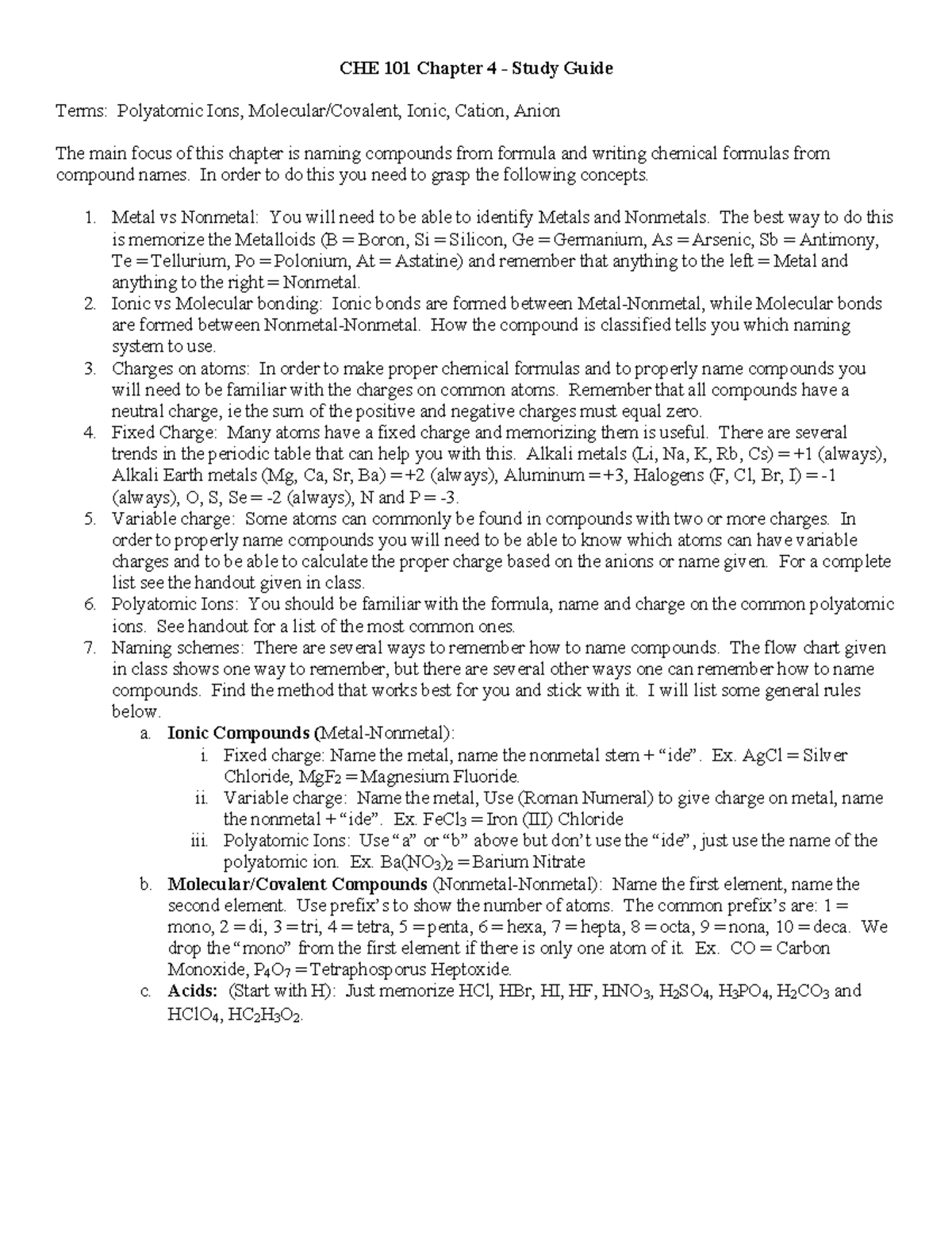CHE101 Study Guide - CHE 101 Chapter 4 - Study Guide Terms: Polyatomic ...
