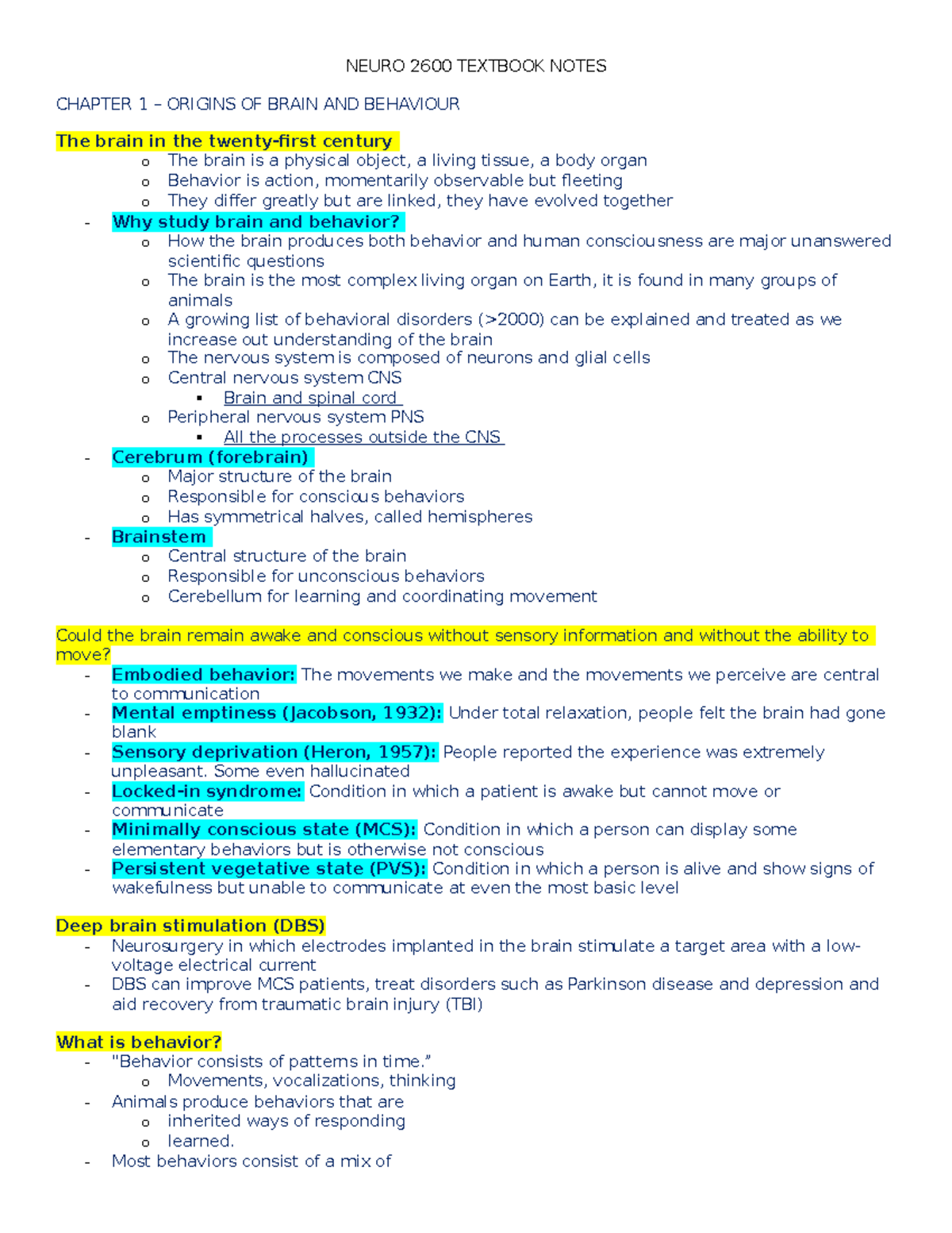 Neuro 2600 Textbook Notes - NEURO 2600 TEXTBOOK NOTES CHAPTER 1 ...