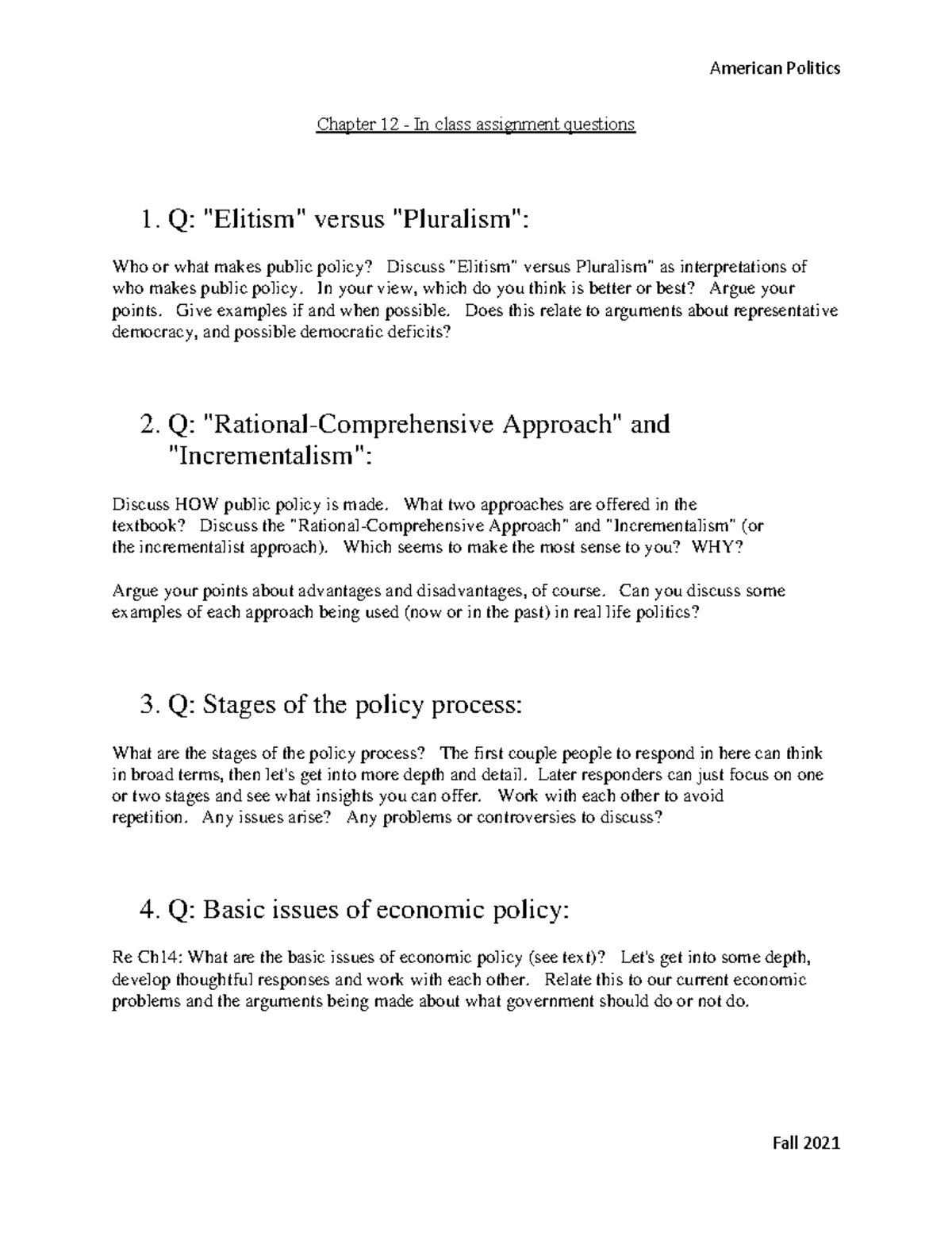 Chapter 12 - In class assignment questions - PSC 101 - CSN - Studocu