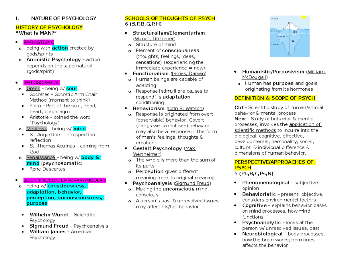Introduction to Psychology - I. NATURE OF PSYCHOLOGY HISTORY OF ...