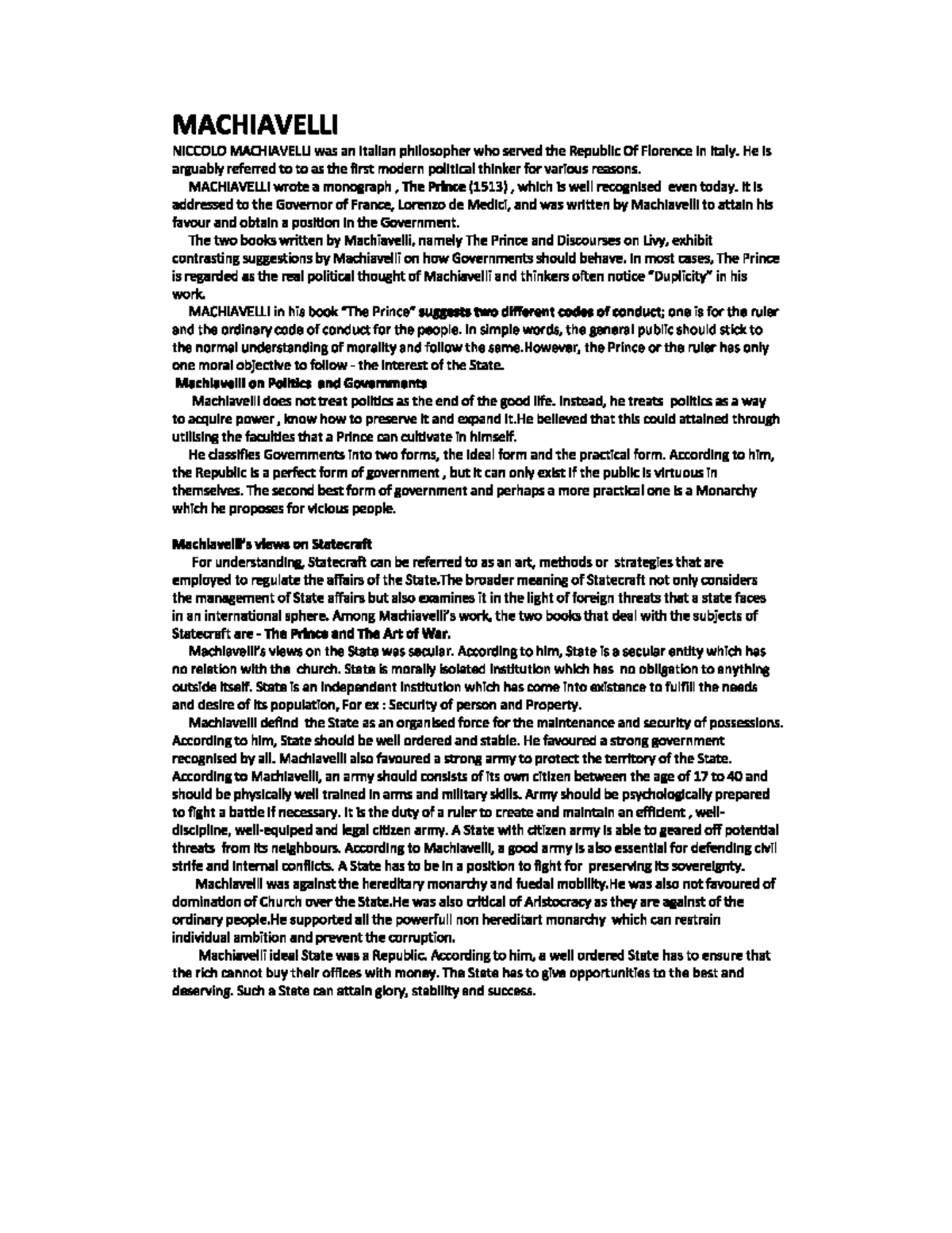 Machiavelli views on statecraft - 2018 question paper - GU - Studocu