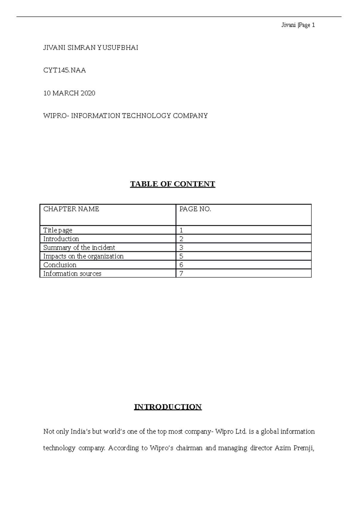 CYT 145 assignment - JIVANI SIMRAN YUSUFBHAI CYT145 10 MARCH 2020 WIPRO- INFORMATION TECHNOLOGY ...