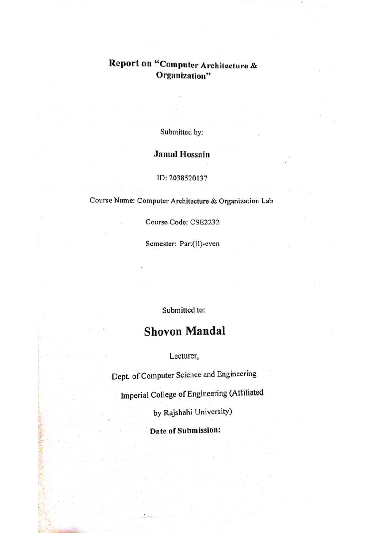 Architecture Lab Report-1 - Computer Architecture and Organization Lab - Studocu