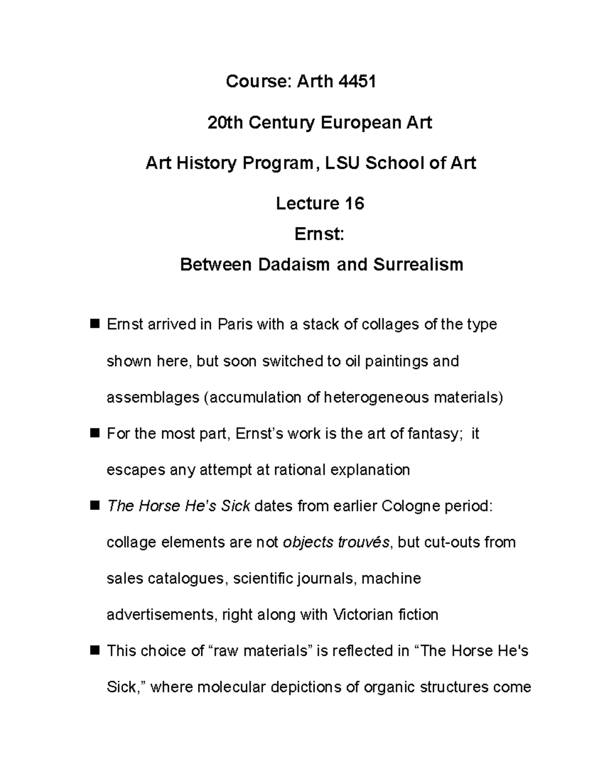 Ernst - 20th Century Art Lecture Notes summary - Course: Arth 4451 20th ...
