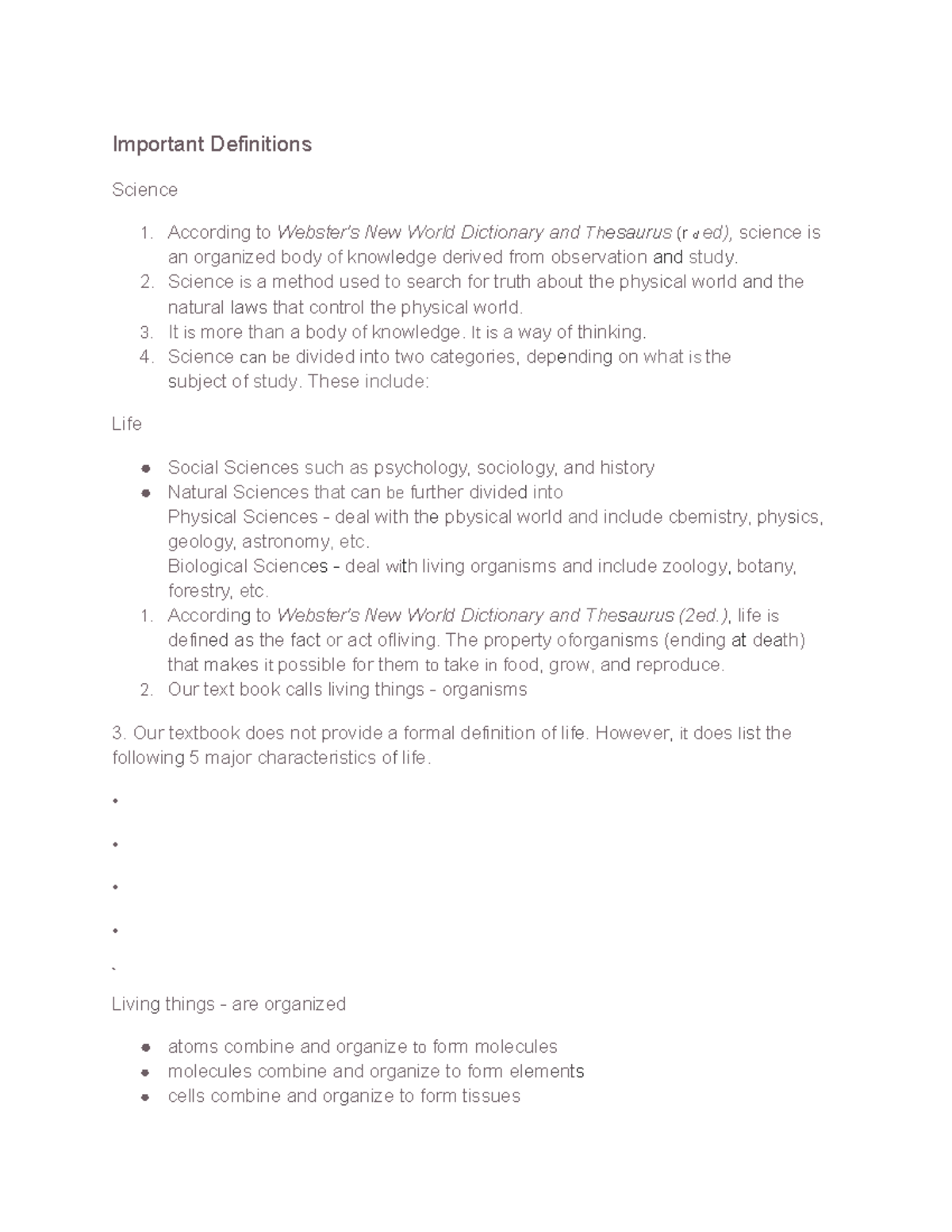 Bio Intro Notes textbook edition - Important Definitions Science ...