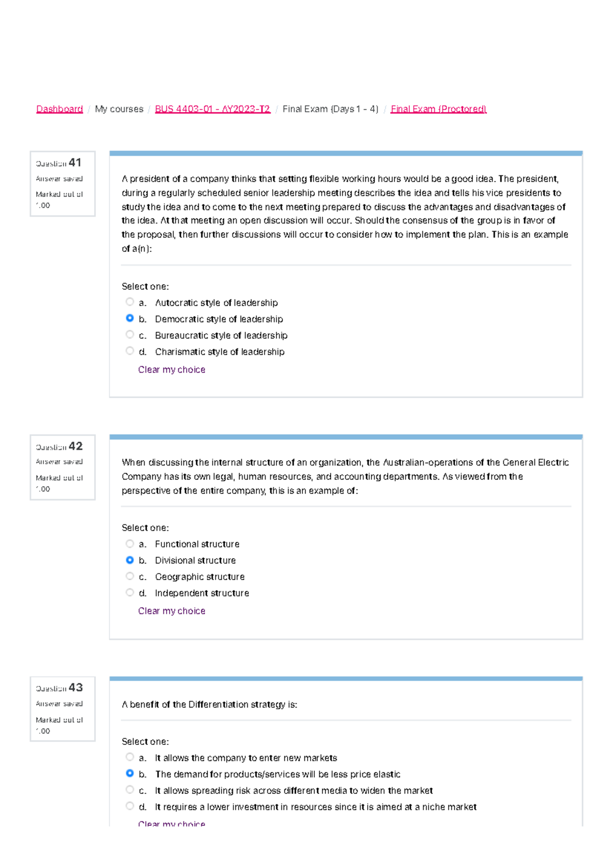 Final Exam (Proctored) (page 5 of 6) attempt BUS 4403 score 96 ...