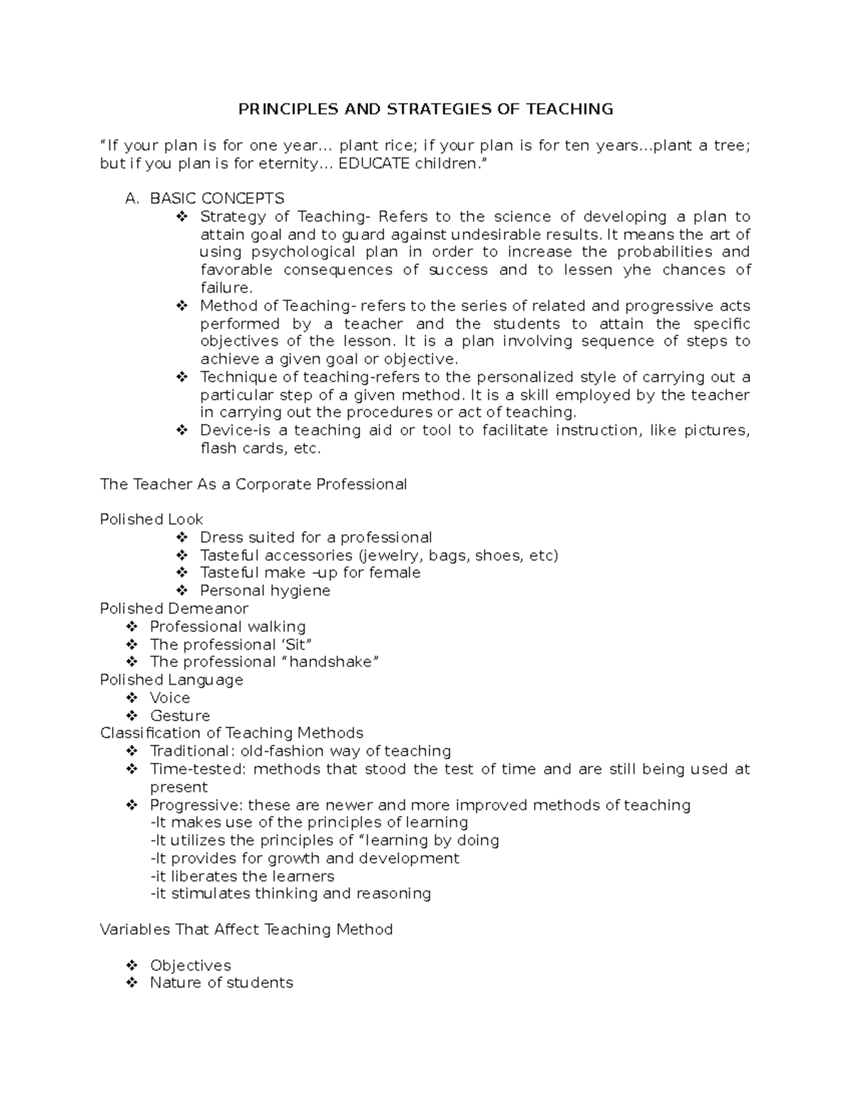 PST - PST - PRINCIPLES AND STRATEGIES OF TEACHING “If your plan is for ...