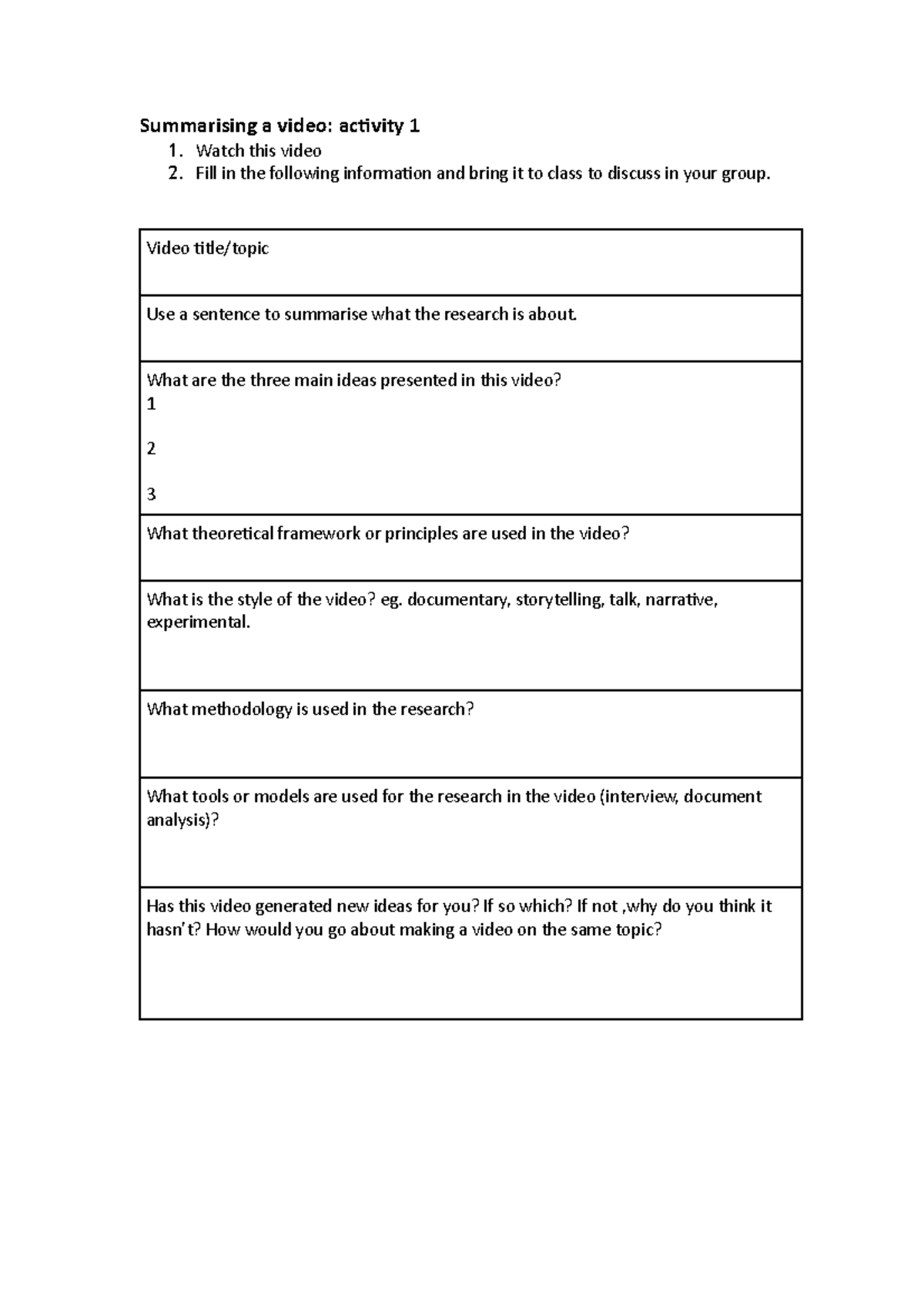 Notetalking template for summarising videos - Summarising a video ...