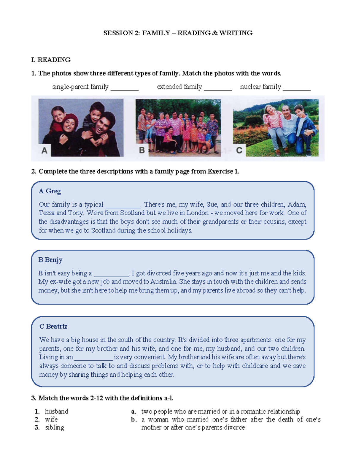 Session 2 - Family - Reading & Writing - SESSION 2: FAMILY – READING ...