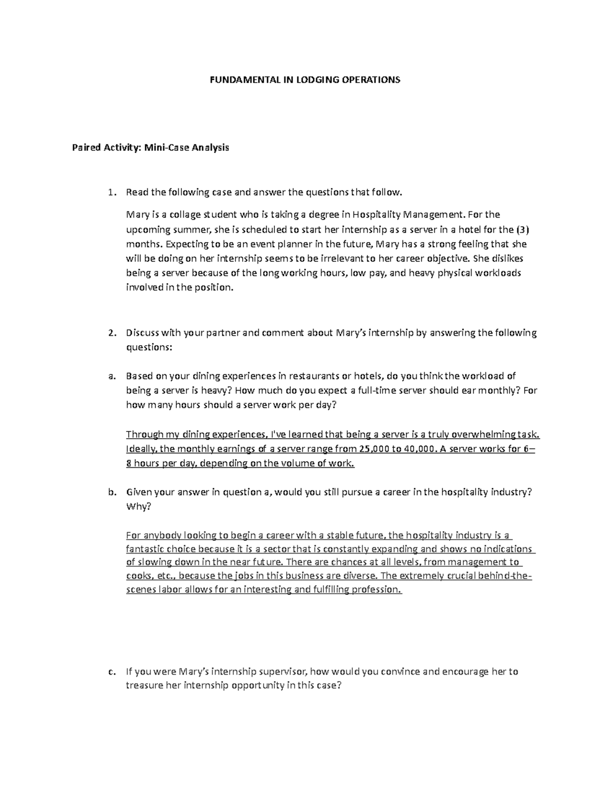 01 Laboratory Worksheet 2 - FUNDAMENTAL IN LODGING OPERATIONS Paired ...