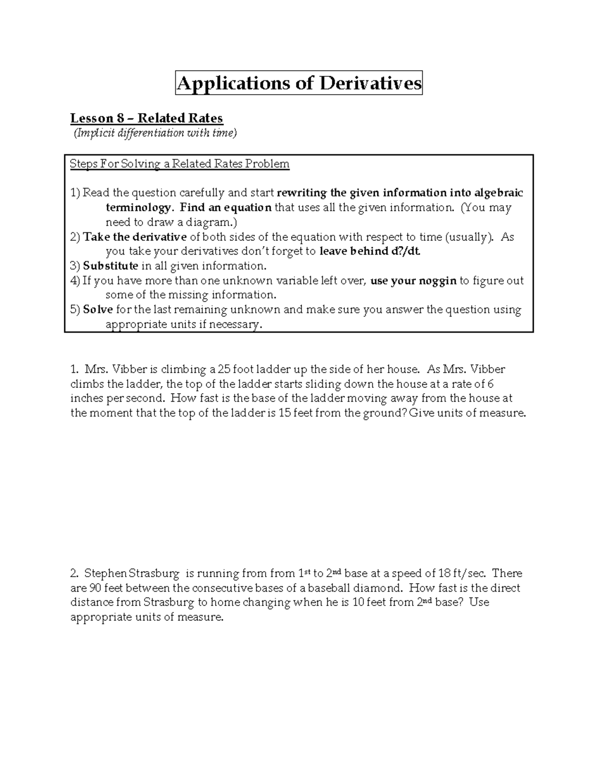 Lesson 8 - related rates notes - Applications of Derivatives Lesson 8 ...