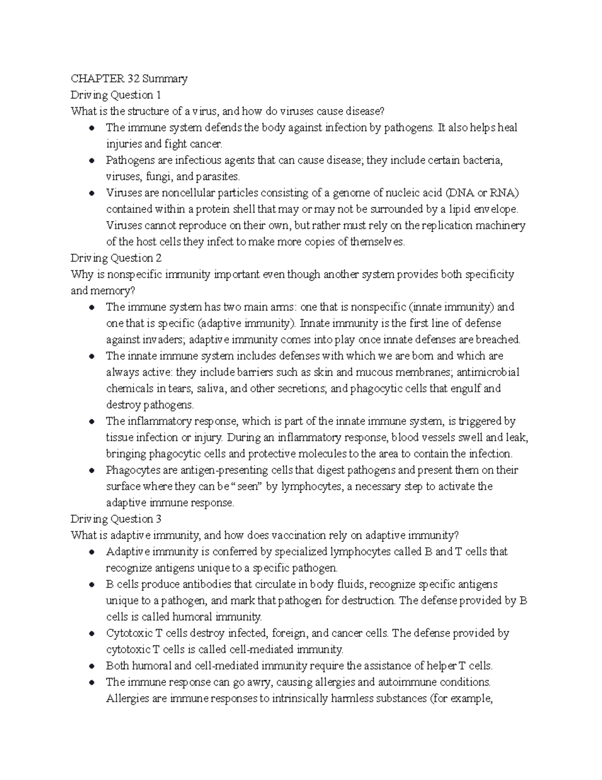 Bio 1409- Chapter 32 Summary - CHAPTER 32 Summary Driving Question 1 ...