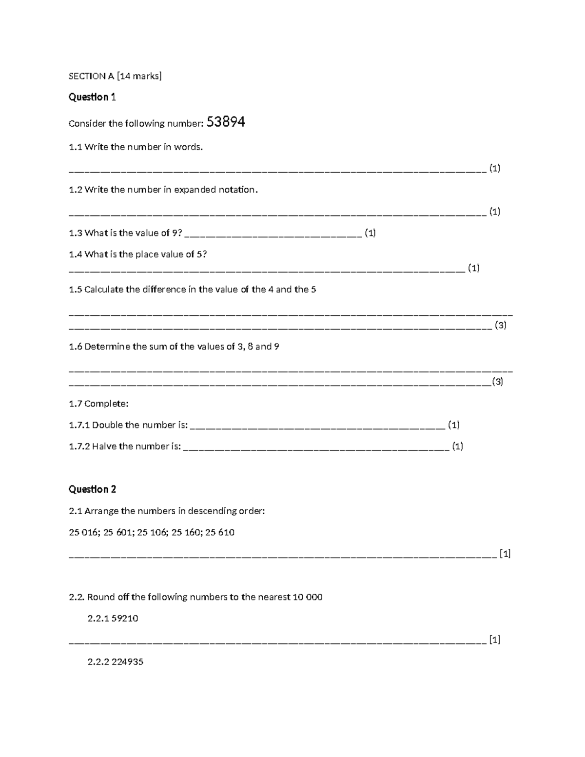 Assignment 1 grade 6 2023 - SECTION A [14 marks] Question 1 Consider ...