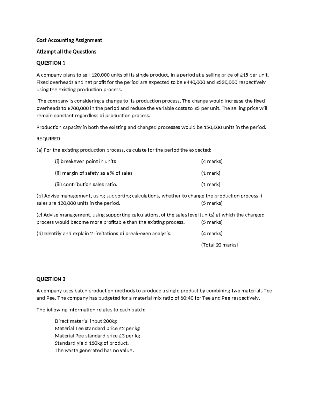 Cost Accounting Assignment - Cost Accounting Assignment Attempt all the ...