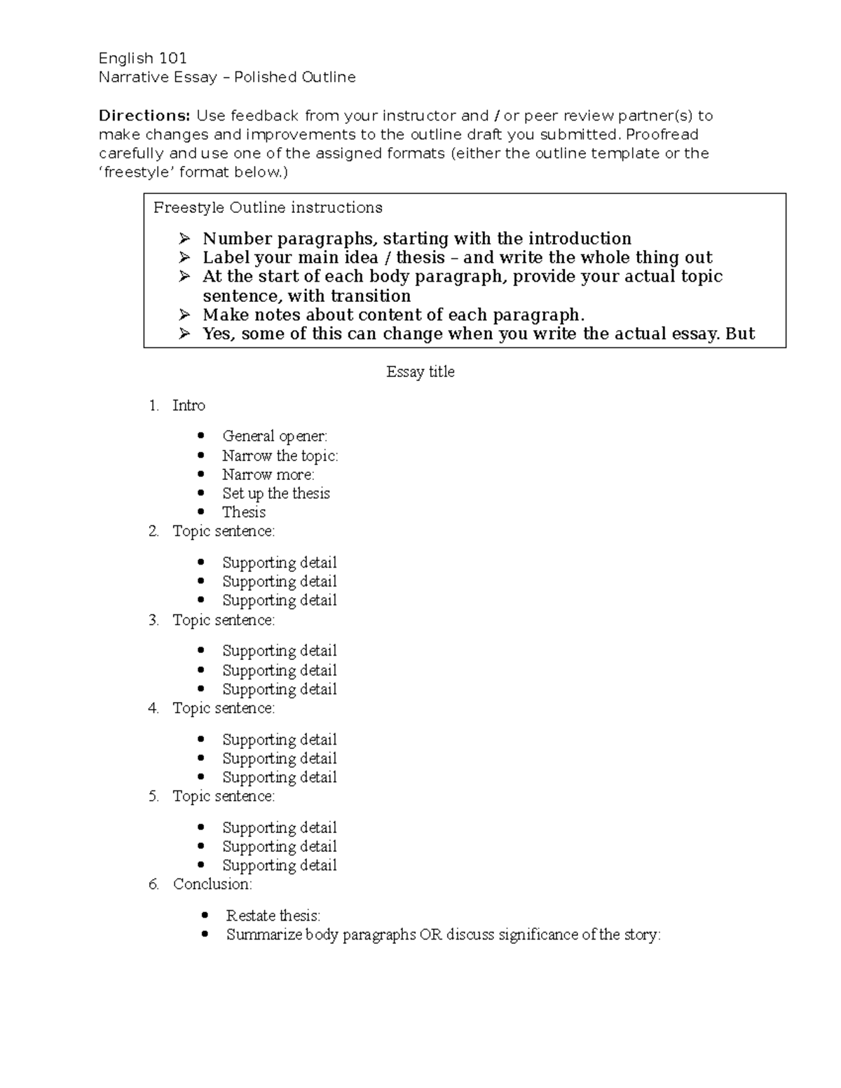 Freestyle Outline Instructions And Template English 101 Narrative 