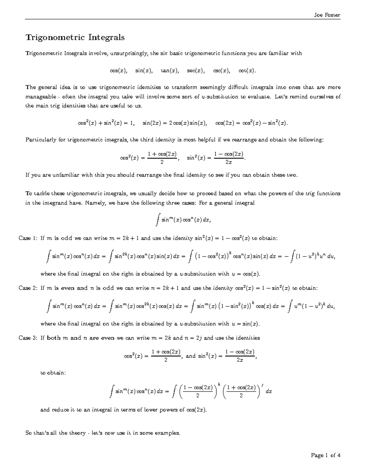 Trigonometric Integrals - Joe Foster Trigonometric Integrals ...