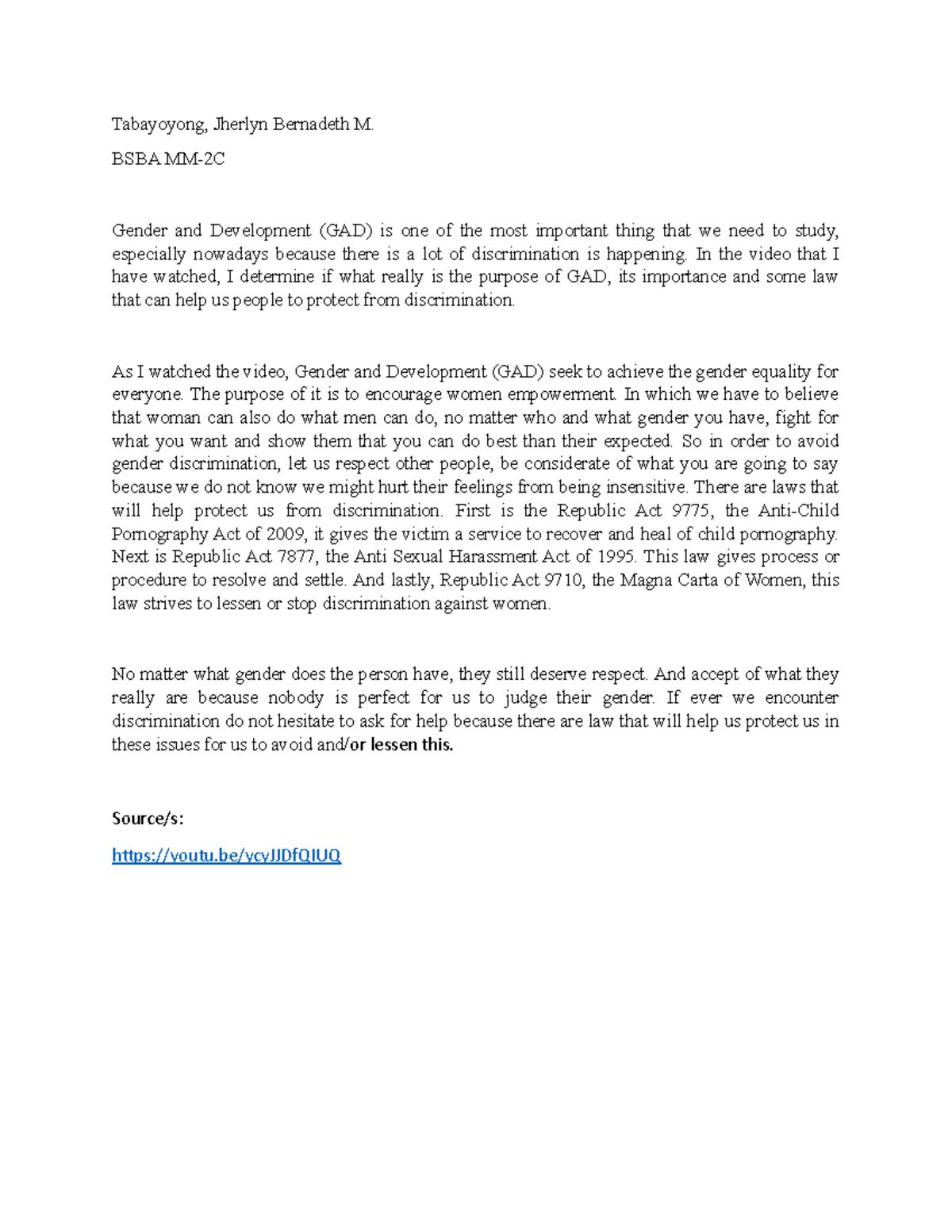 Gender and development (GAD) Reflection - Tabayoyong, Jherlyn Bernadeth ...