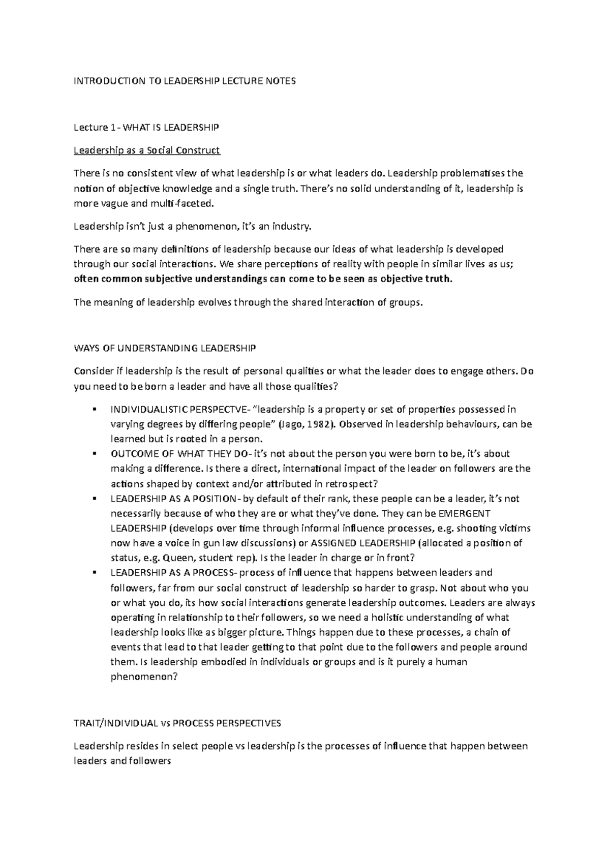 Introduction To Leadership Lecture Notes - INTRODUCTION TO LEADERSHIP ...