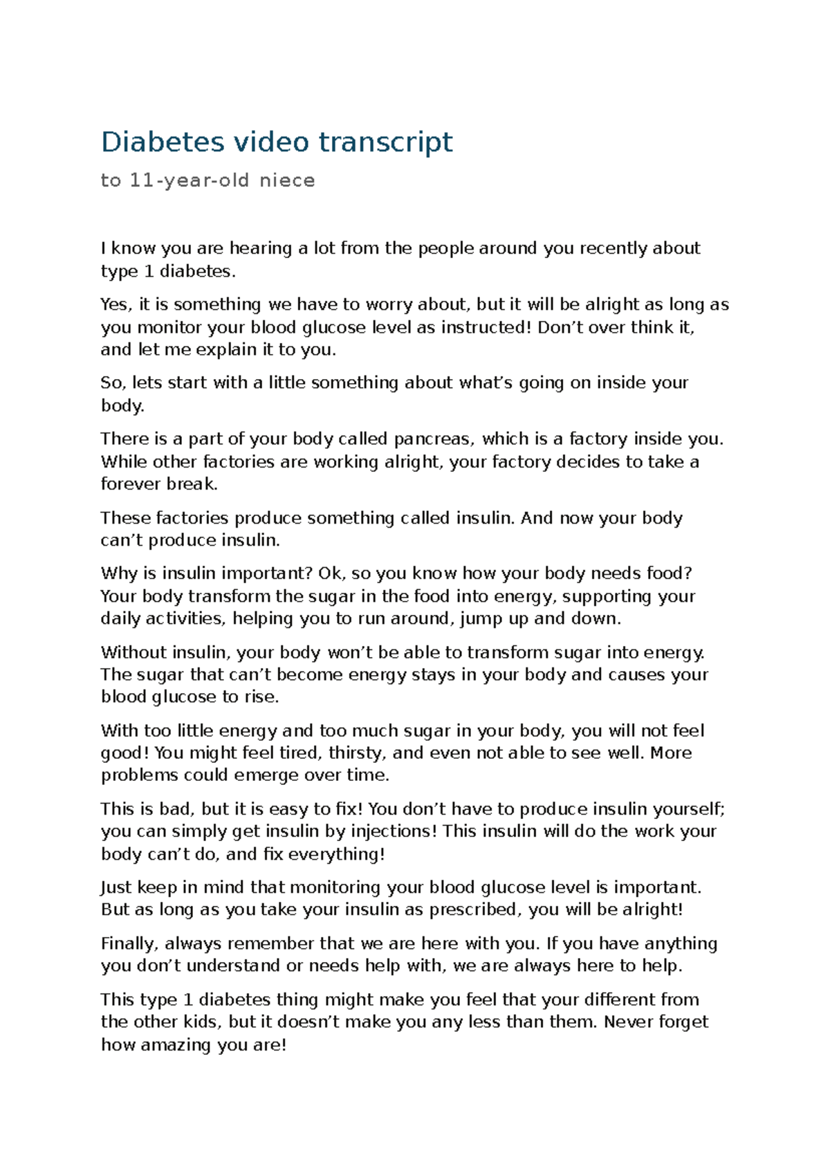 Course assignment transcript - Diabetes video transcript to 11-year-old ...