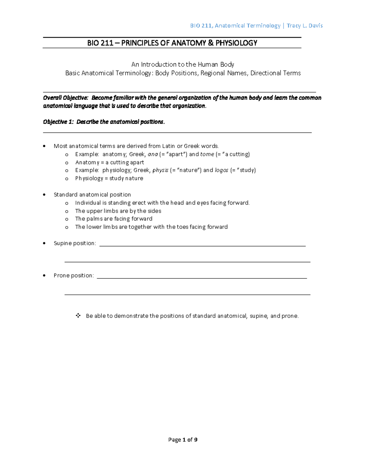 Introduction to the human body Lab Handout-1 - An Introduction to the ...