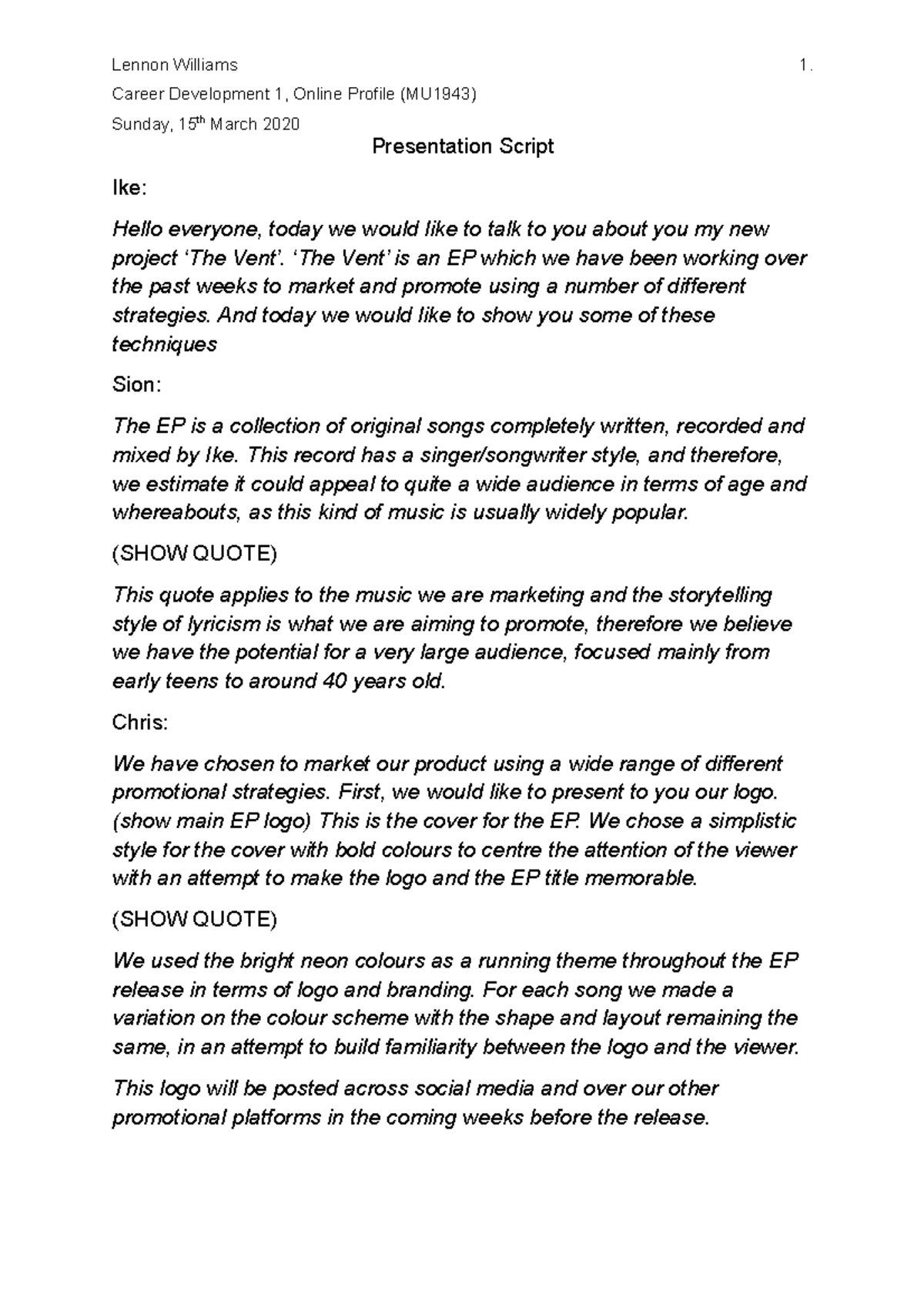 Career Development 1, Online Profile, Marketing Script (MU1943 ...