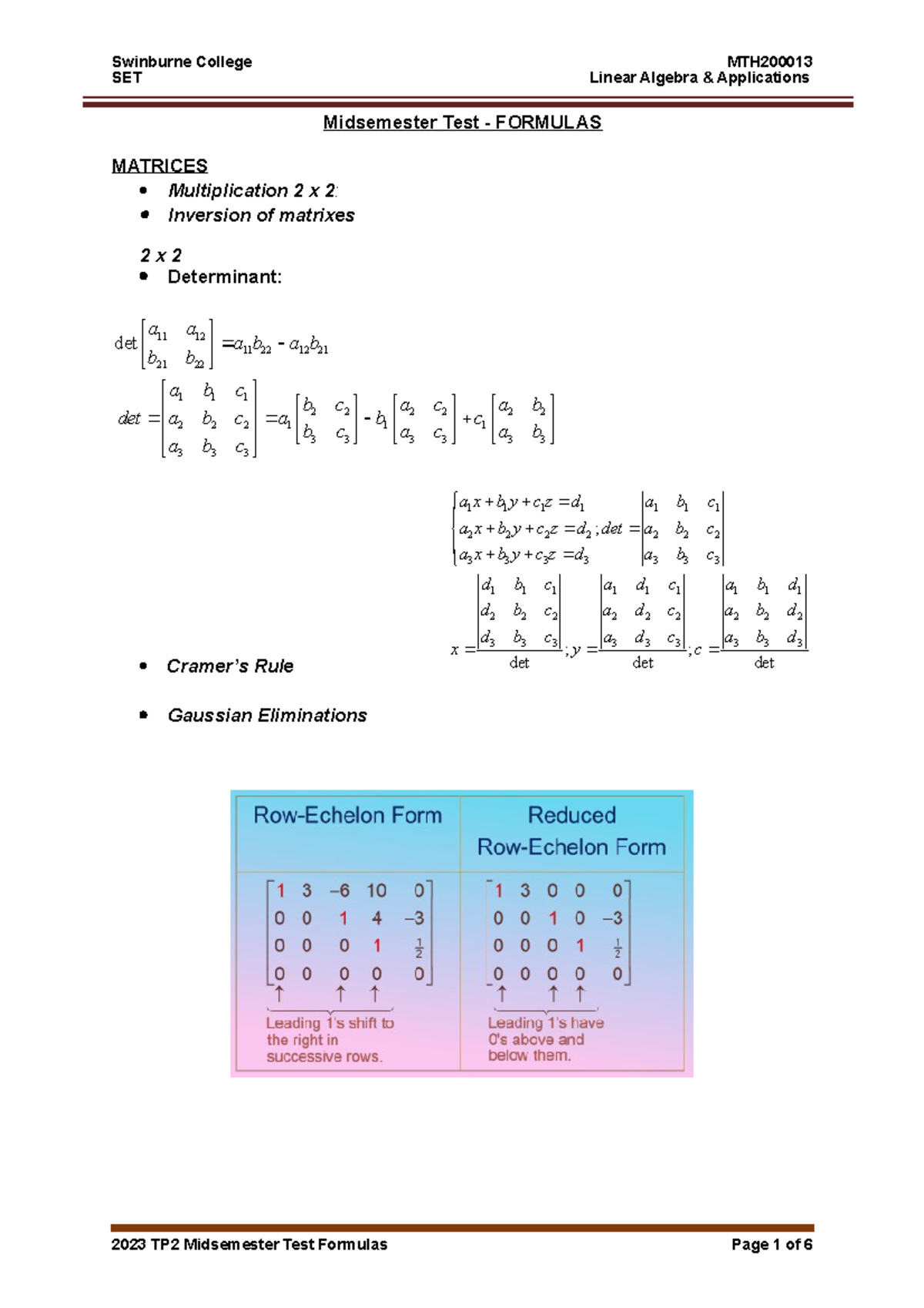 2023 TP2 Mid Semester Test Formula Sheet - SET Linear Algebra ...
