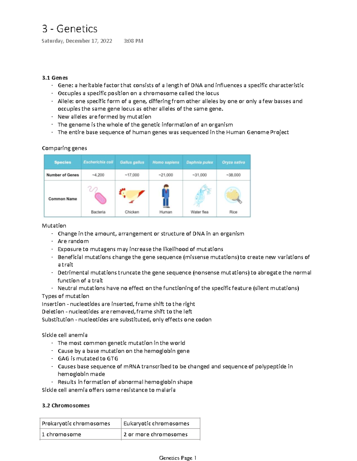 Genetics - Summary Molecules and Cells - 3 Genes - Gene: a heritable ...
