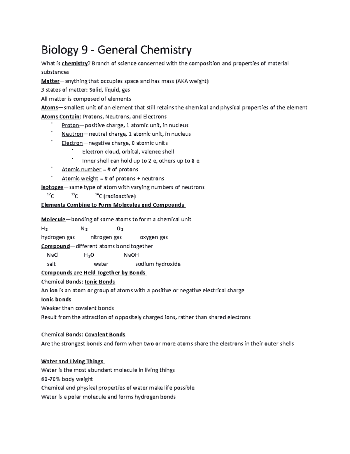General chemistry leture notes - Biology 9 - General Chemistry What is ...