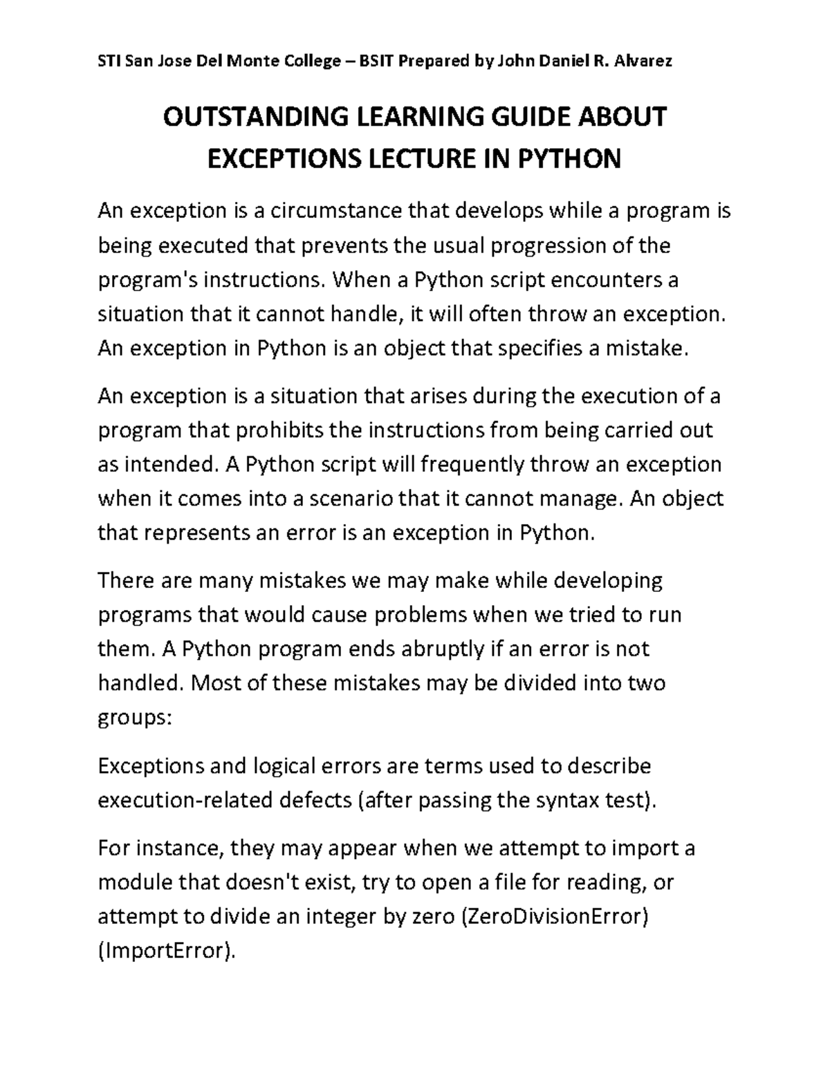 Outstanding Learning Guide About Exceptions Lecture in Python ...