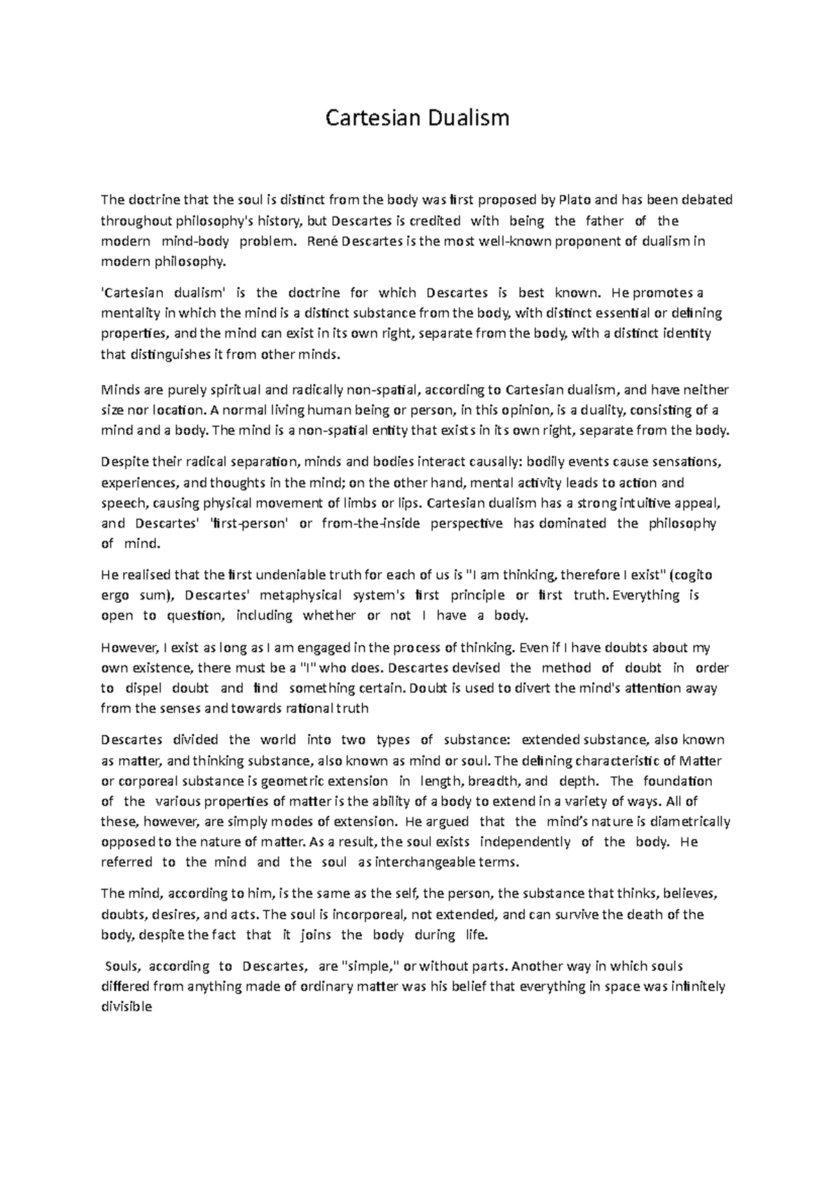 Cartesian Dualism - Philosophy of mind - Cartesian Dualism The doctrine ...