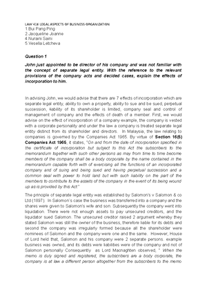 LAW416- February 2022- Answer Sample 2 - COURSE NAME: BUSSINESS LAW ...