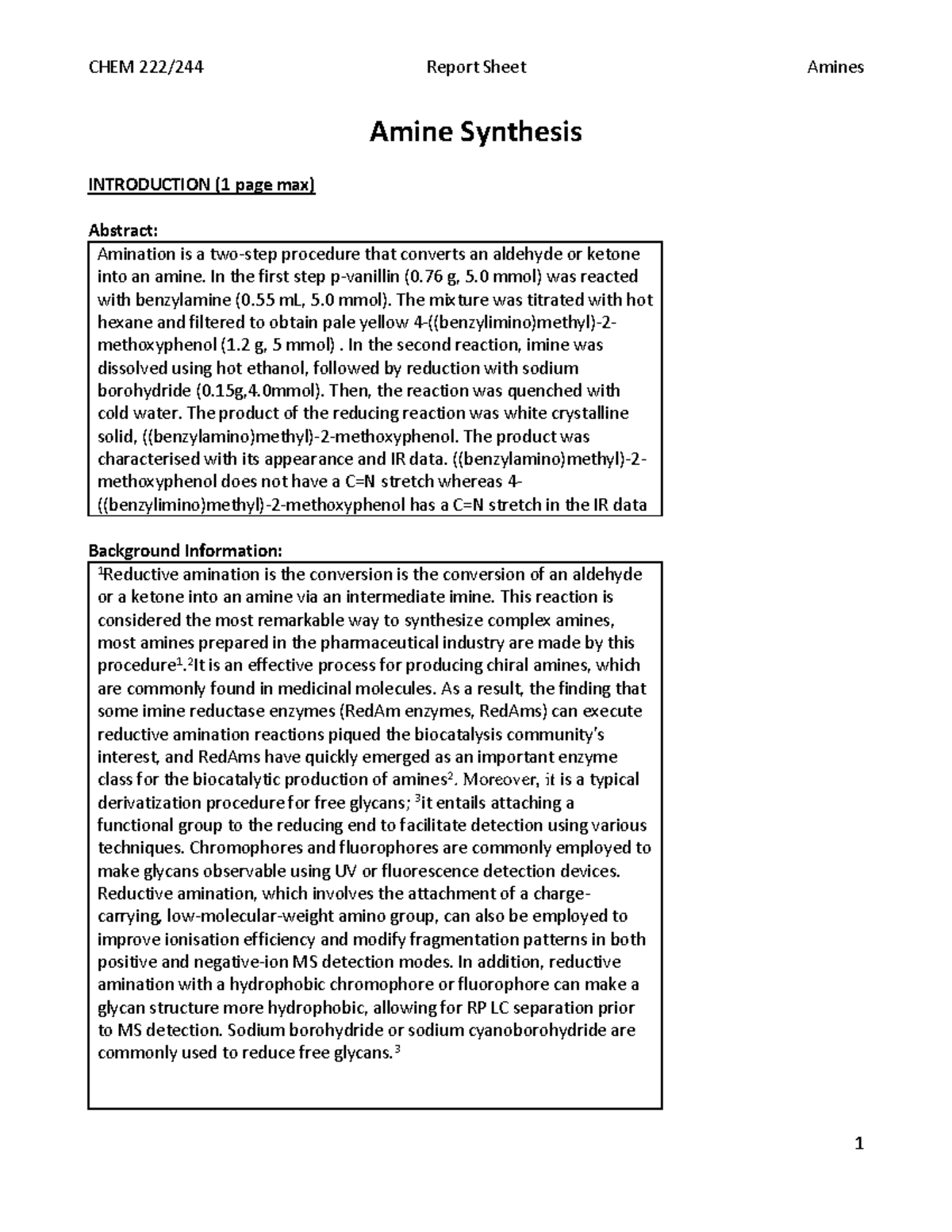 Amine report 2 - Amine Synthesis INTRODUCTION ( 1 page max) Abstract ...