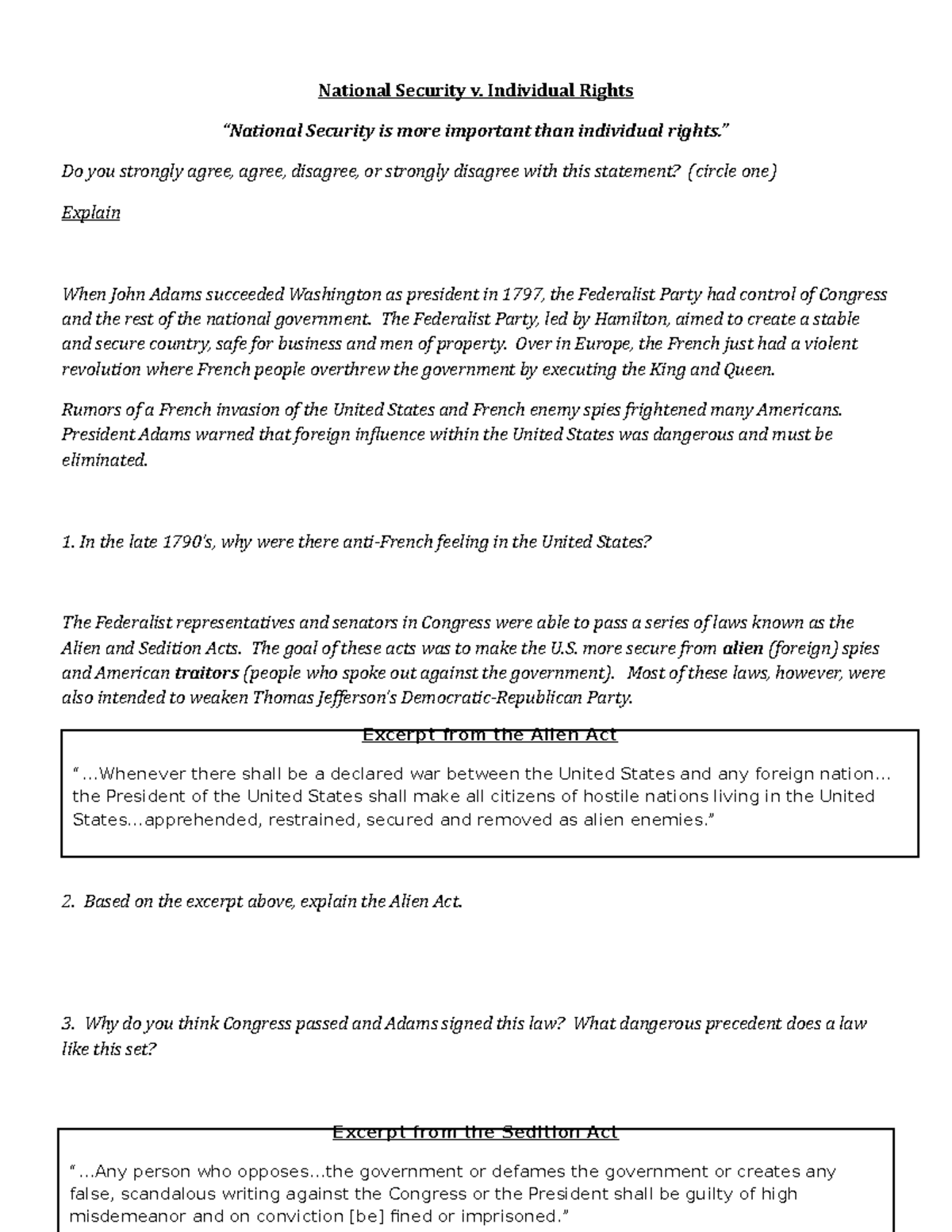 Alien and Sedition Acts John Adams - National Security v. Individual ...