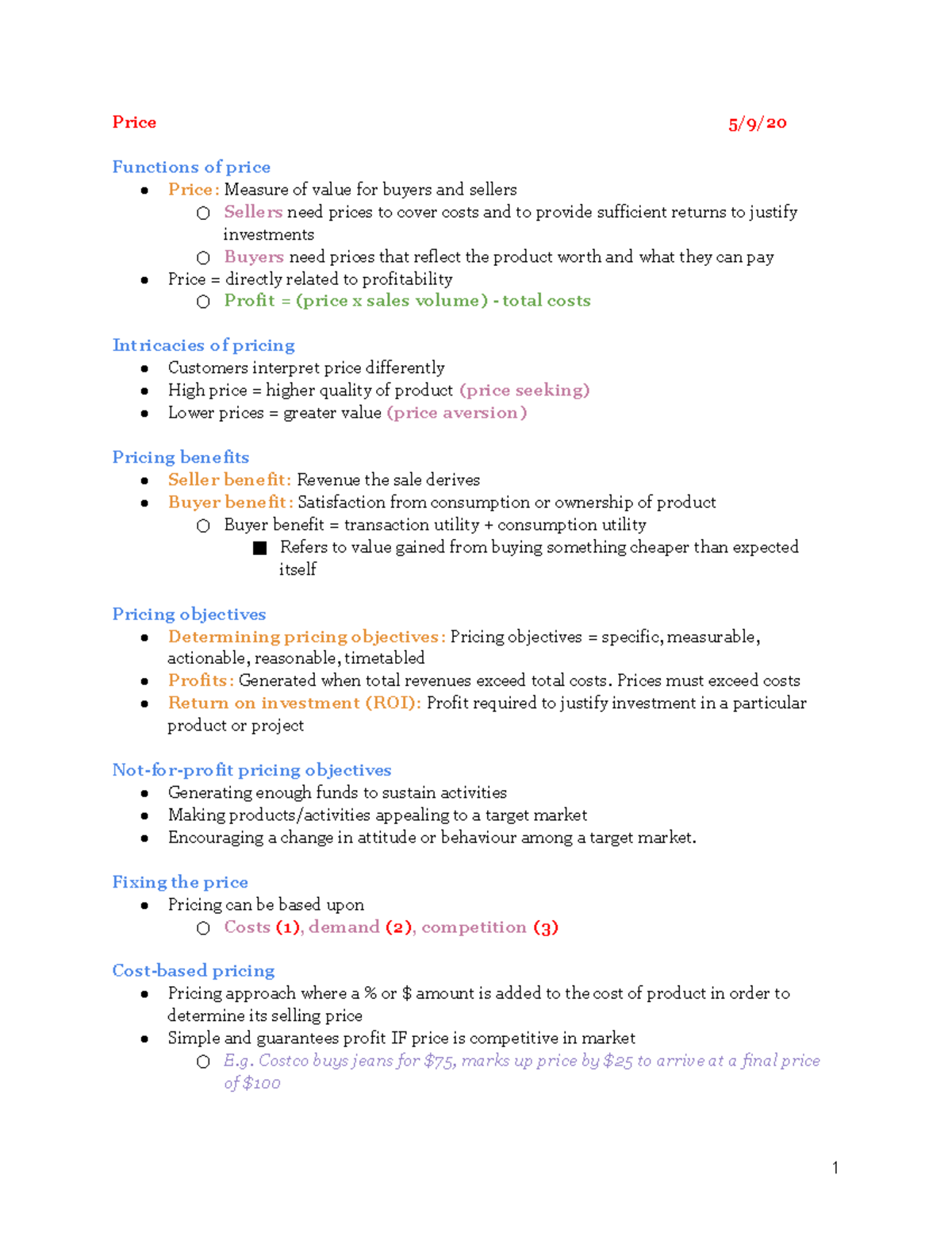 MAR6 Price - Lecture notes 6 - Price 5/9/ Functions of price Price ...