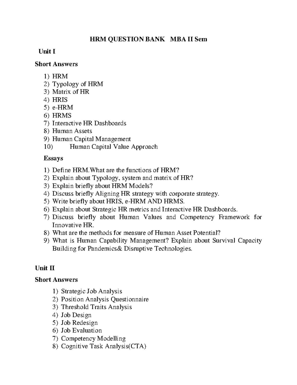 HRM Question BANK - Nthg - HRM QUESTION BANK MBA II Sem Unit I Short Answers HRM Typology of HRM ...