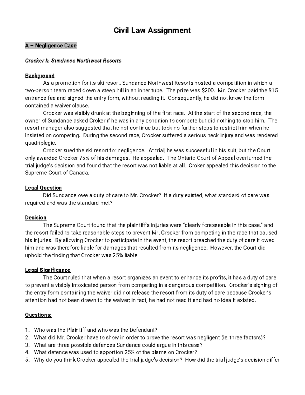 Civil Law Assignment - Civil Law Assignment **A – Negligence Case ...