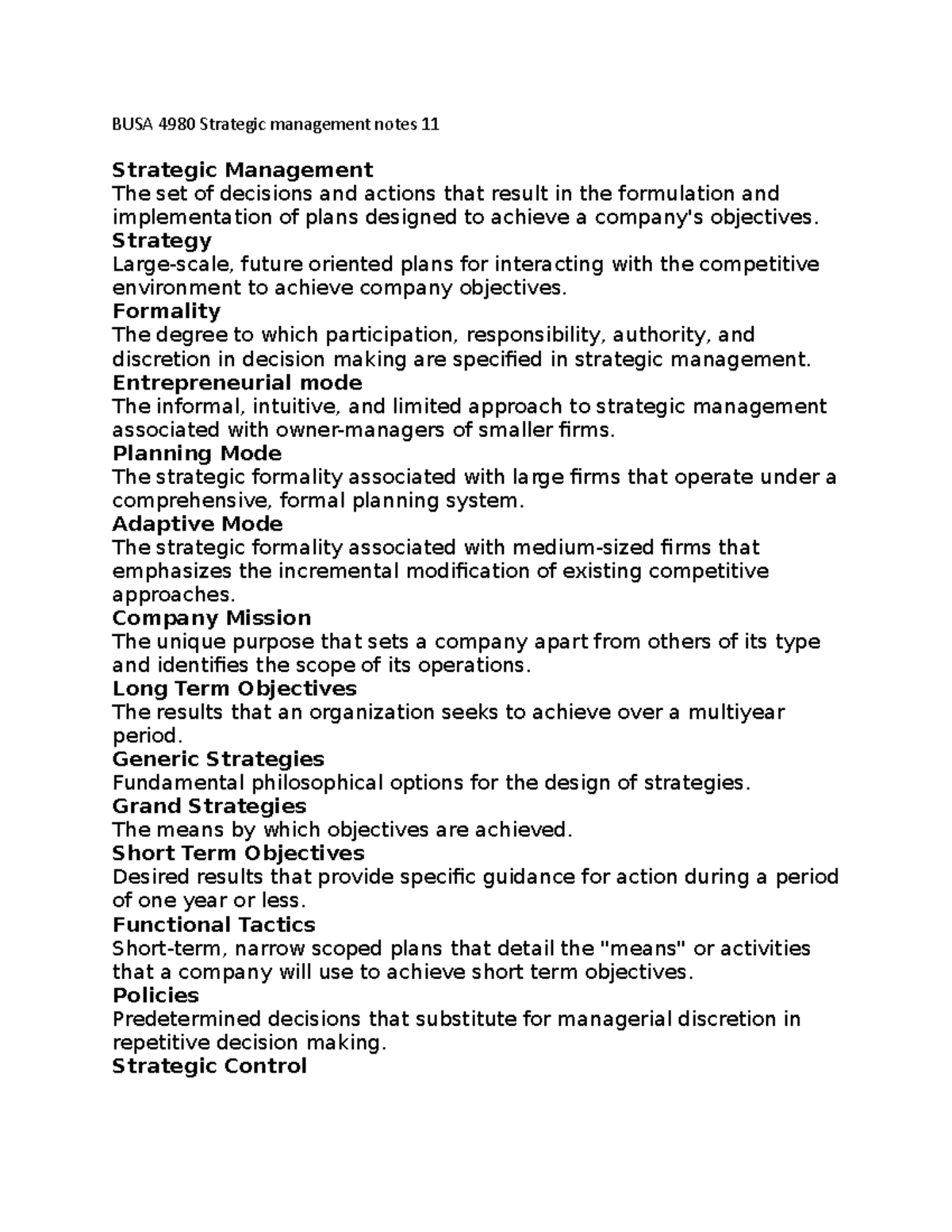 BUSA 4980 Strategic management notes 11 - BUSA 4980 Strategic ...