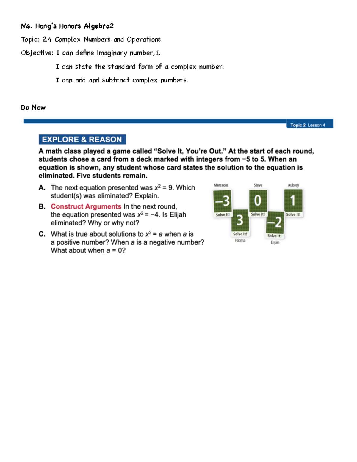 2 - VLLVU - Ms. Hong’s Honors Algebra Topic: 2 Complex Numbers and ...