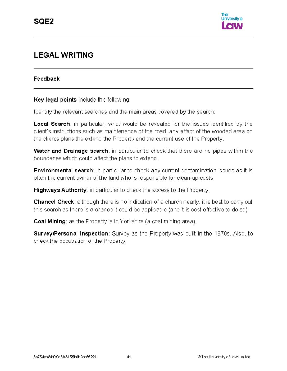 Legal writing model answer - LEGAL WRITING Feedback Key legal points ...