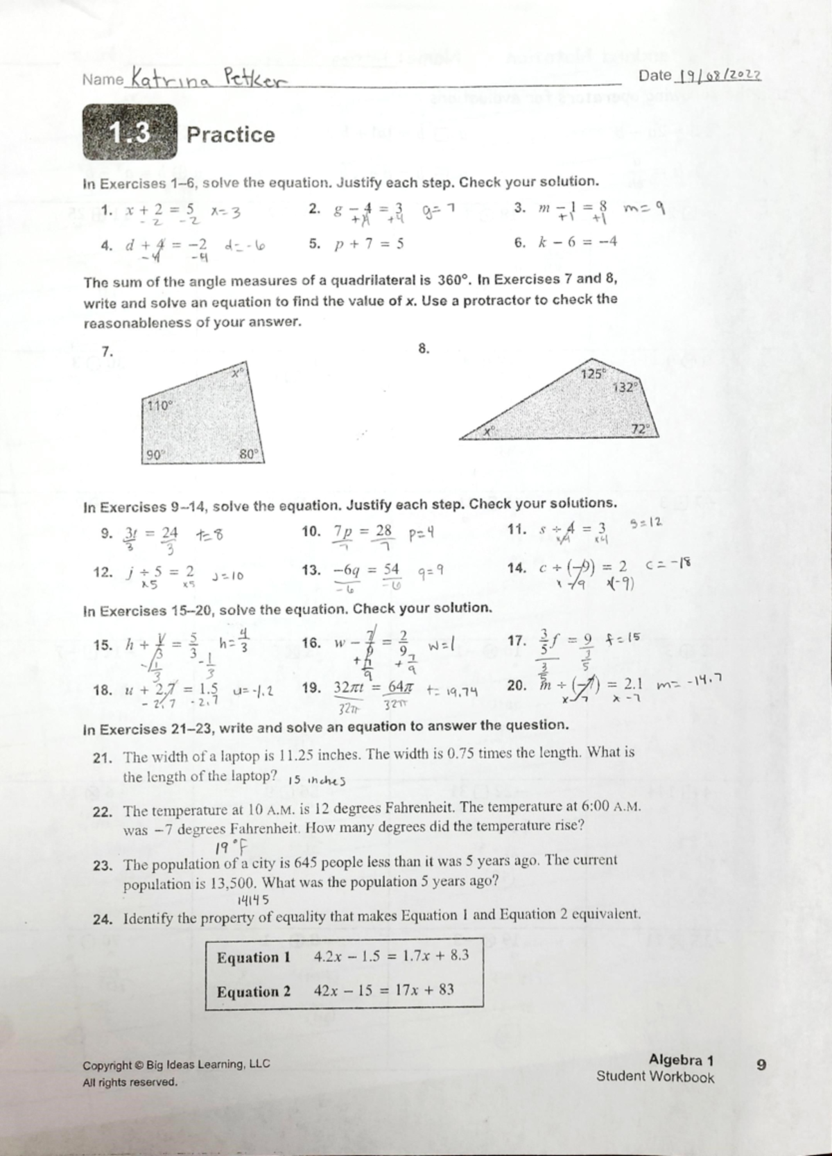 1.3 assignment - Name Date Practice In Exercises 1—6,solve the equation ...