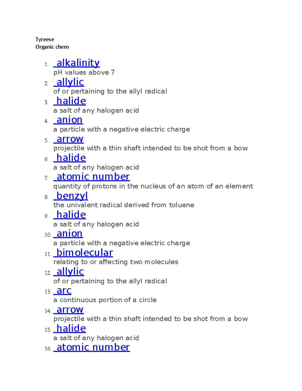 W8 - good notes - Tyreese Organic chem 1. alkalinity pH values above 7 ...