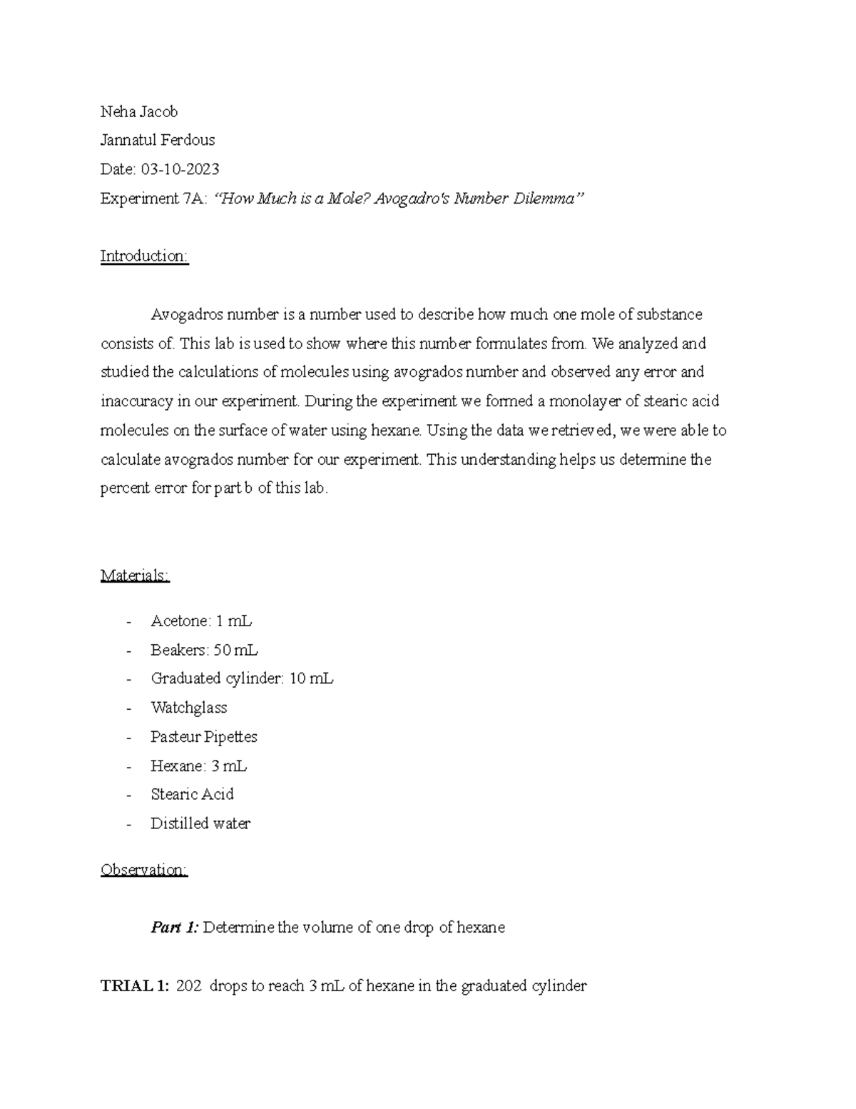 Lab 7a (WET)-2 CHEM 106 - Neha Jacob Jannatul Ferdous Date: 03-10 ...