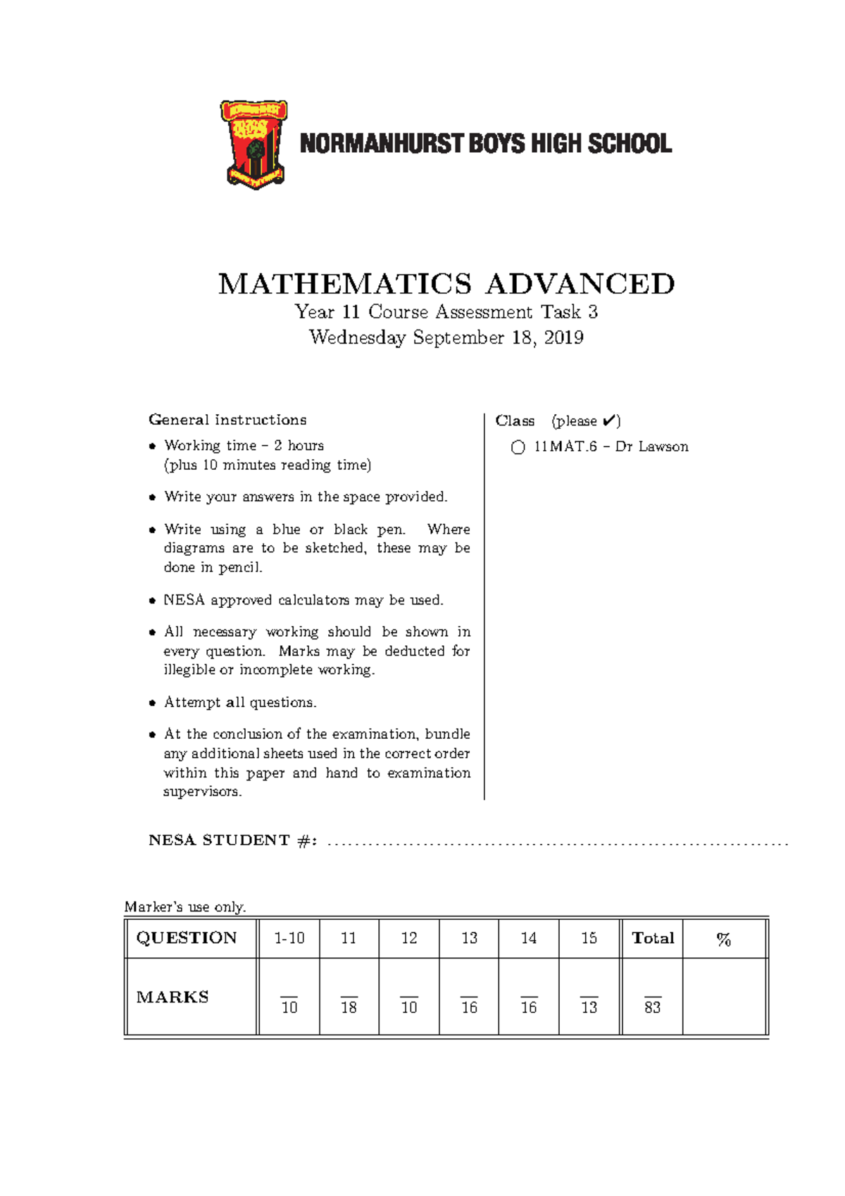 2019 Year 11 Mathematics Adv Assessment Task 3 Normo - MATHEMATICS ...
