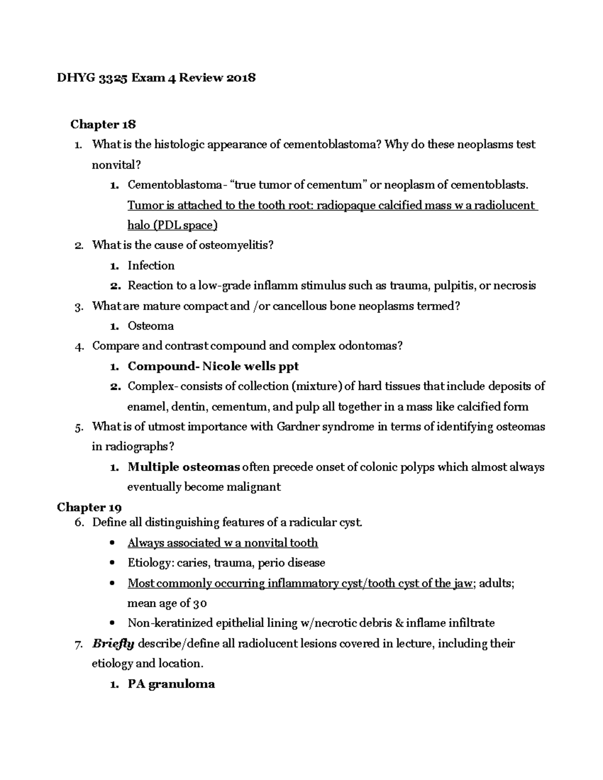 DHYG 3325 Exam 4 Student Review 2018 - DHYG 3325 Exam 4 Review 2018 ...