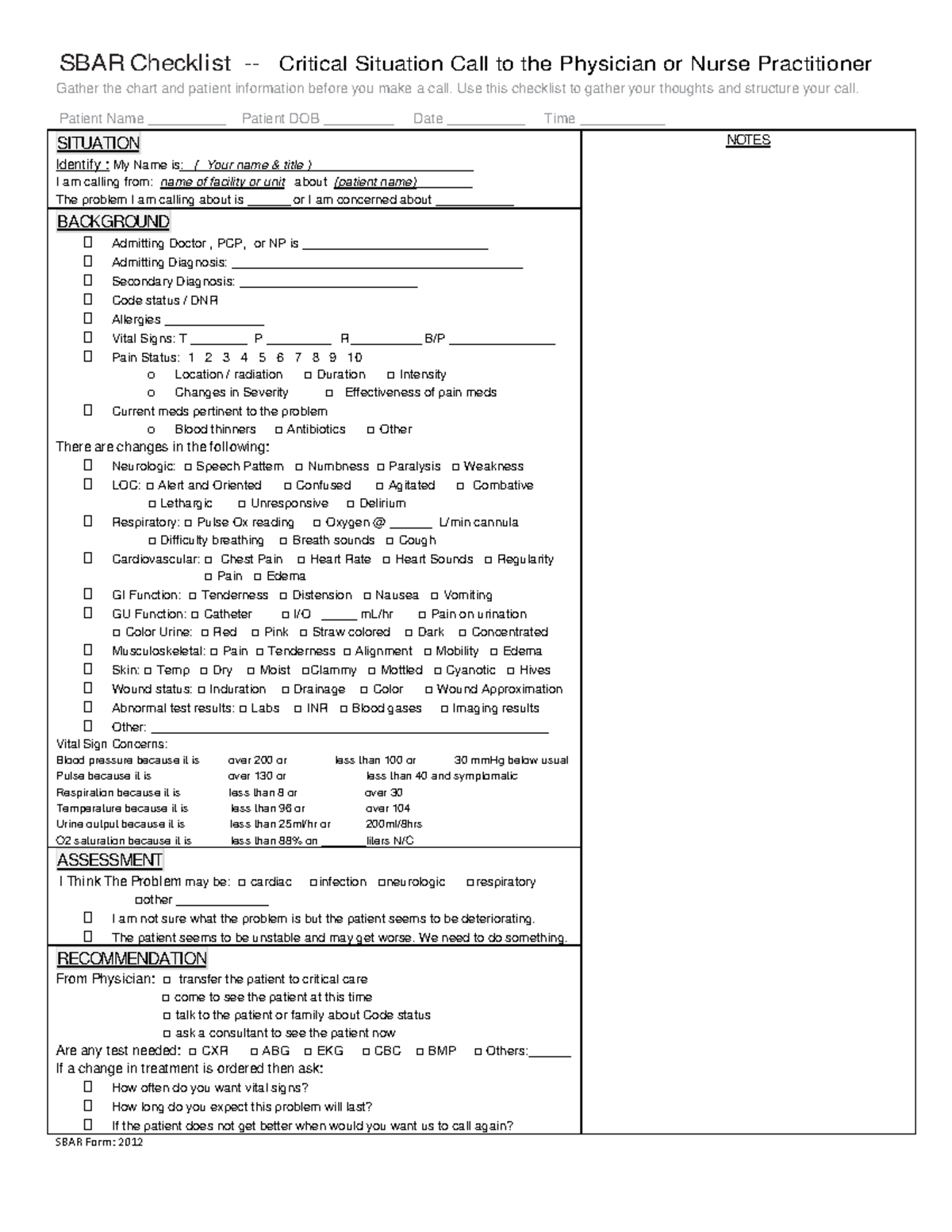SBAR for Calling Physicians Checklist - SBAR Checklist - Critical ...