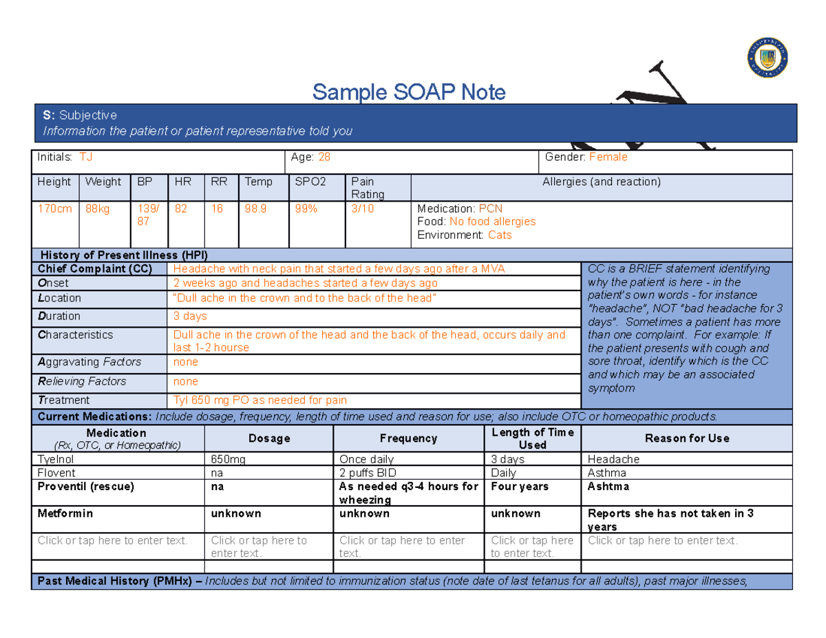 Week 3 Soap Note-Detailed Soap Note Completed - Sample SOAP Note ...
