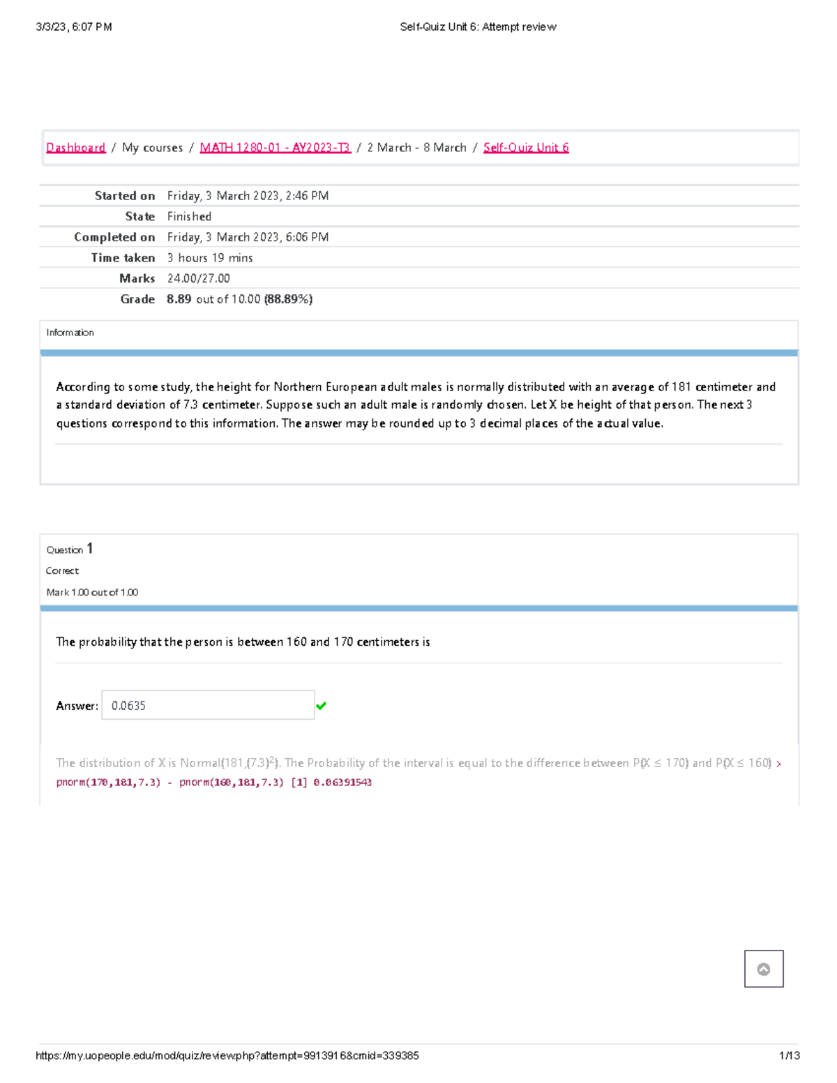 Self-Quiz Unit 6 UOP Statistics - Started on Friday, 3 March 2023, 2:46 ...