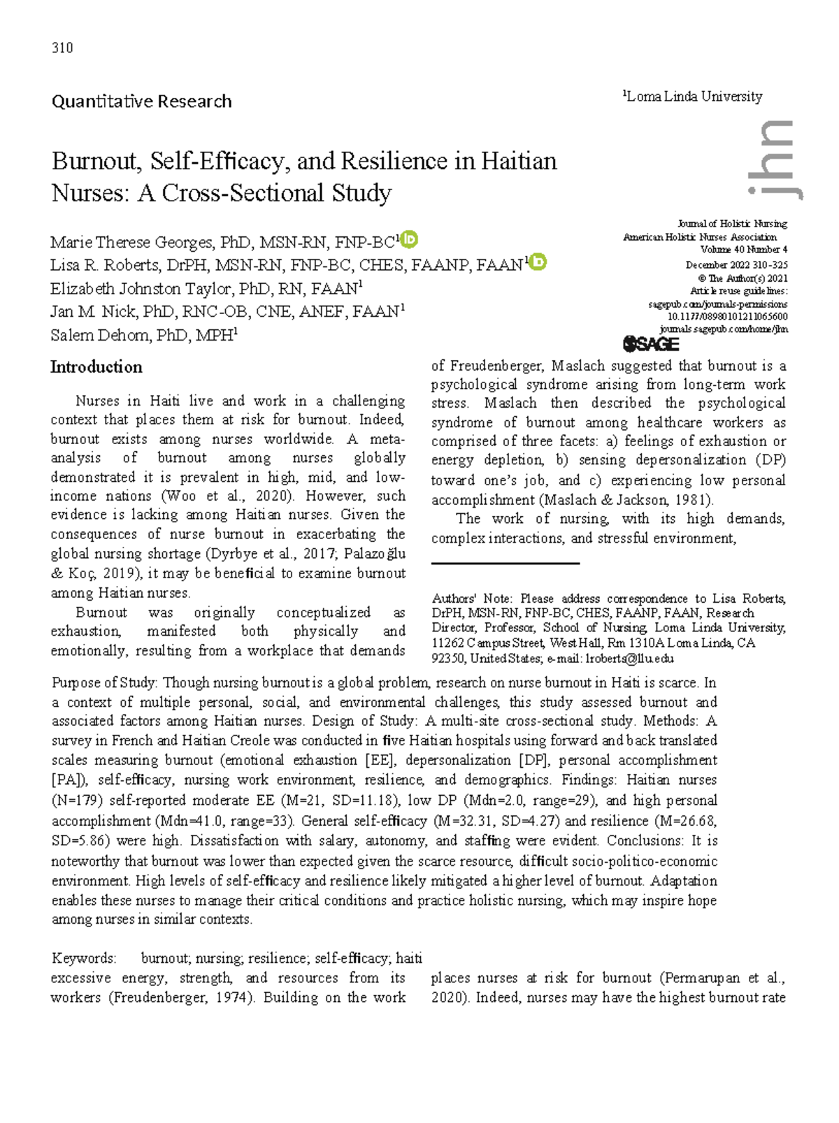 Burnout, Self-Efficacy, and Resilience in Haitian Nurses A Cross ...