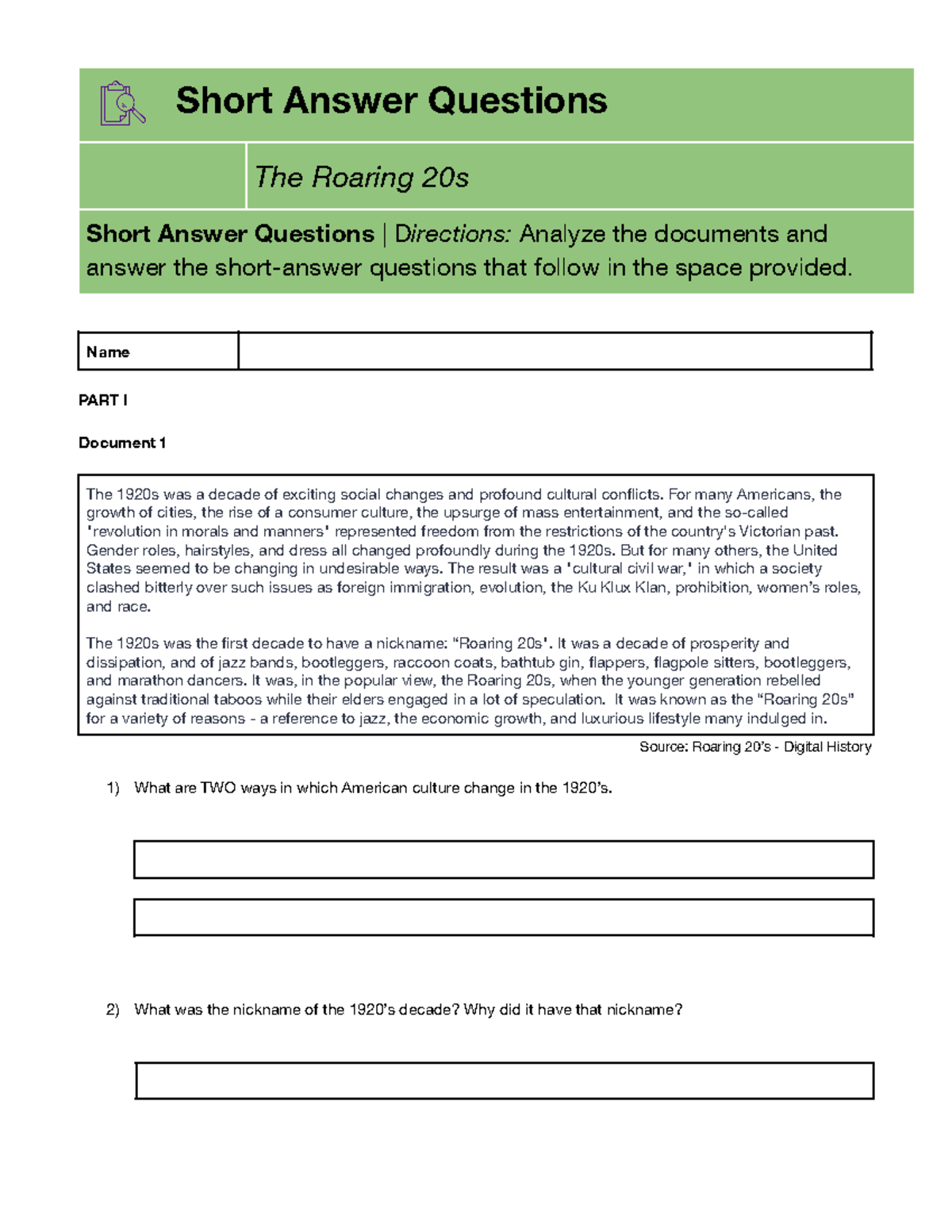 Short Answers 1920's A Decade of Change - Short Answer Questions The ...