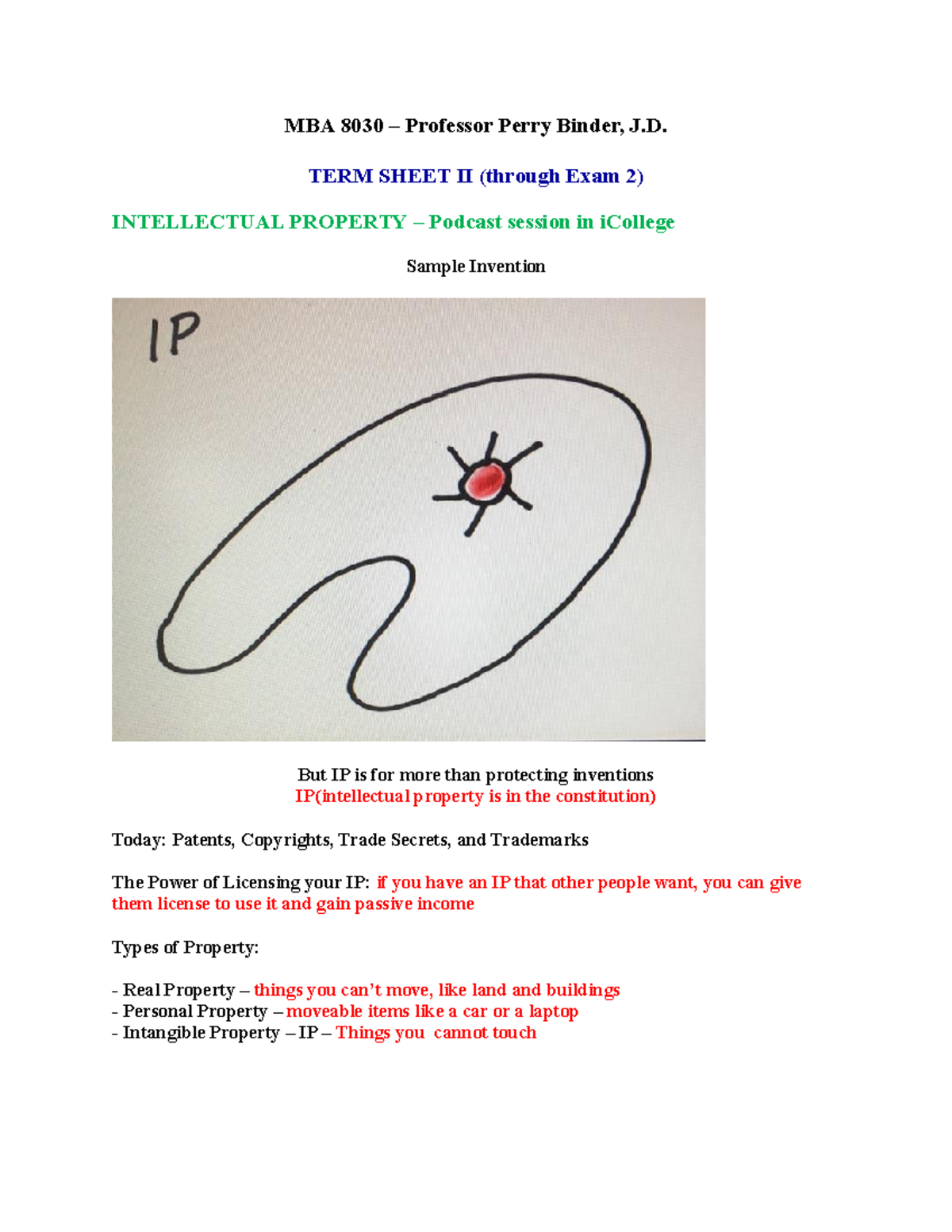 Notes, exam 2 - MBA 8030 – Professor Perry Binder, J. TERM SHEET II ...